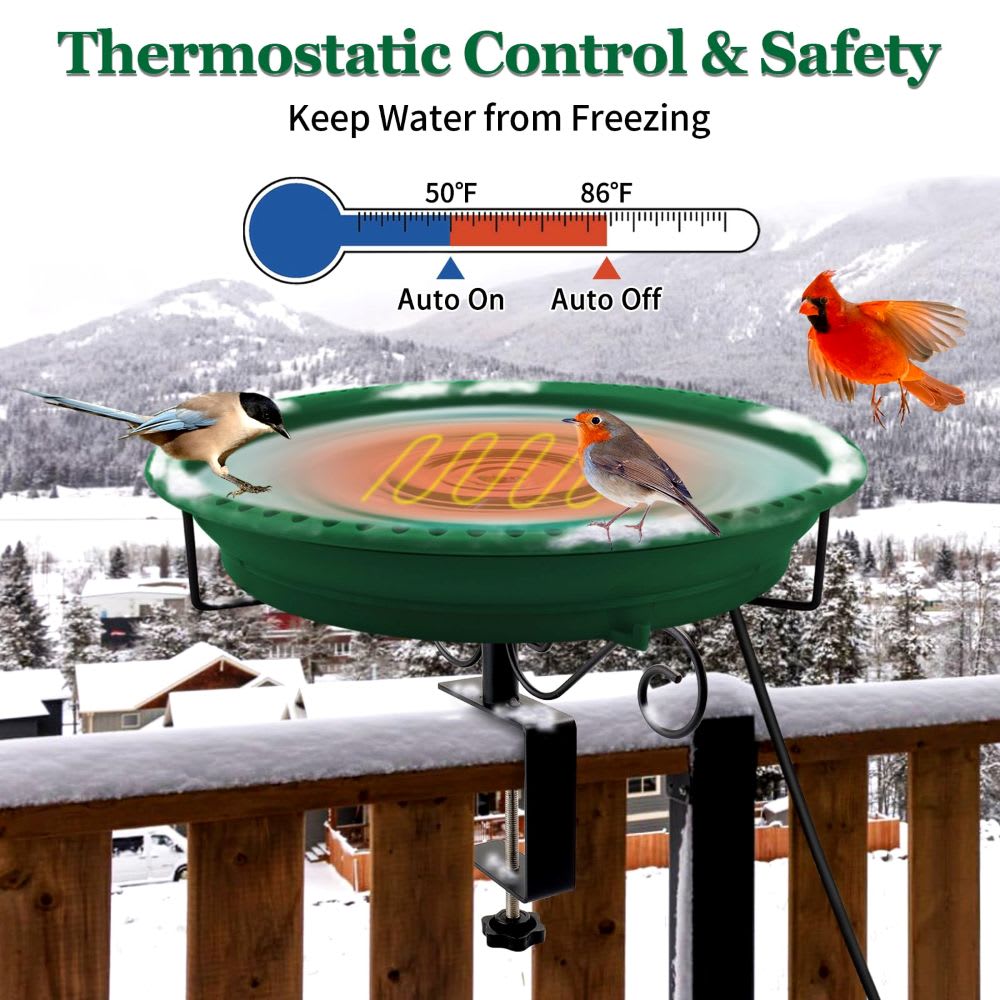 Etokfoks 100W Heated Bird Bath with Thermostatic Control for Deck ...