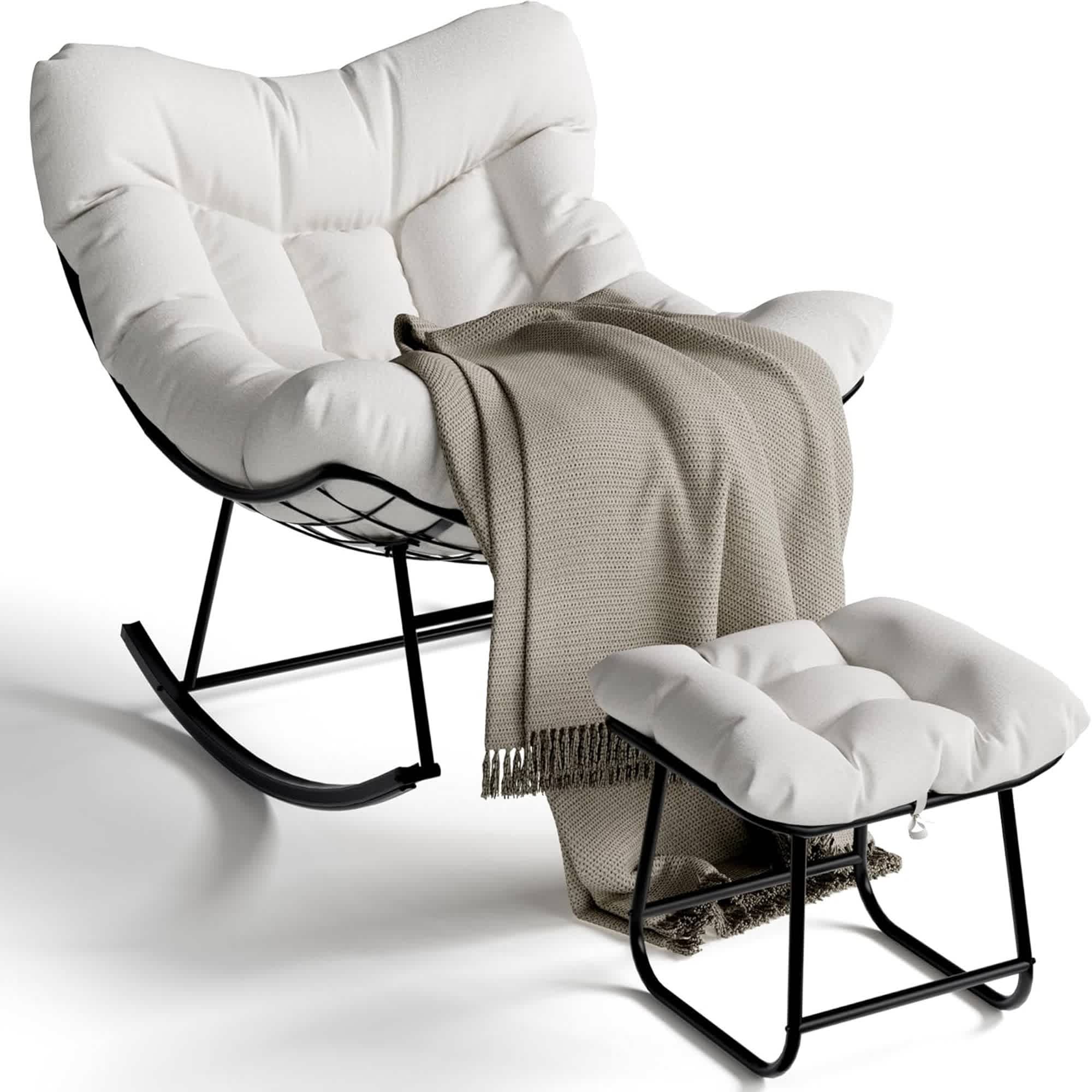 Qeetex Outdoor Rattan Egg-Shaped Rocking Chair with Footstool White in ...