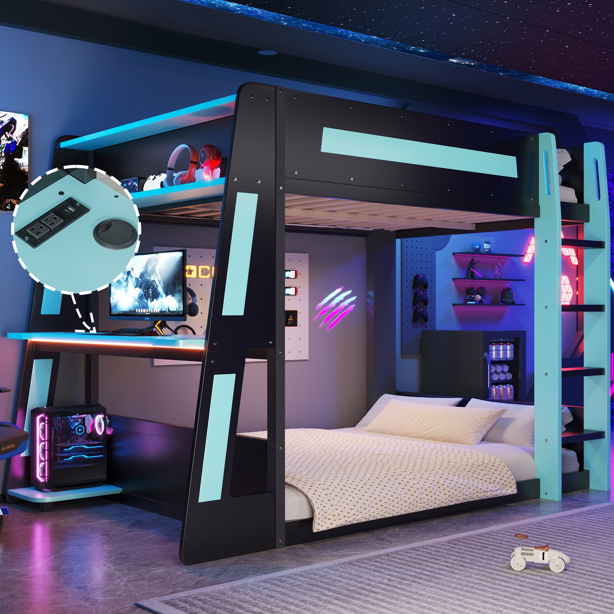 GDFStudio Full Size Wooden Gaming Bunk Bed with Desk Two Storage ...