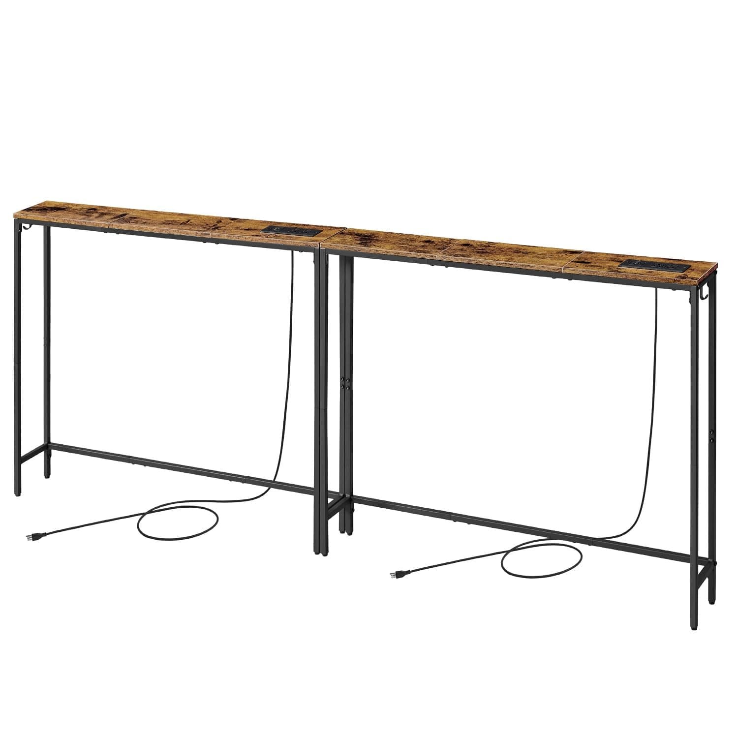 Slickblue Slim Set of 2 Black/Rustic Brown Console Table with Power ...