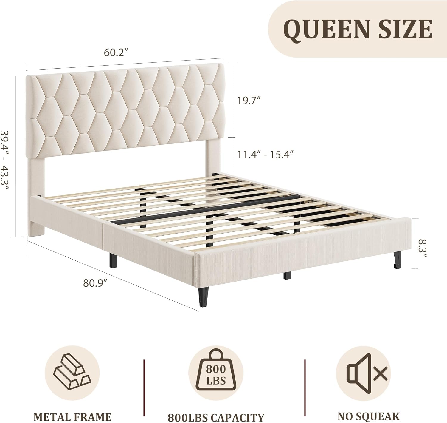 Garvee QUEEN Size Platform Bed Frame with Adjustable Upholstered ...