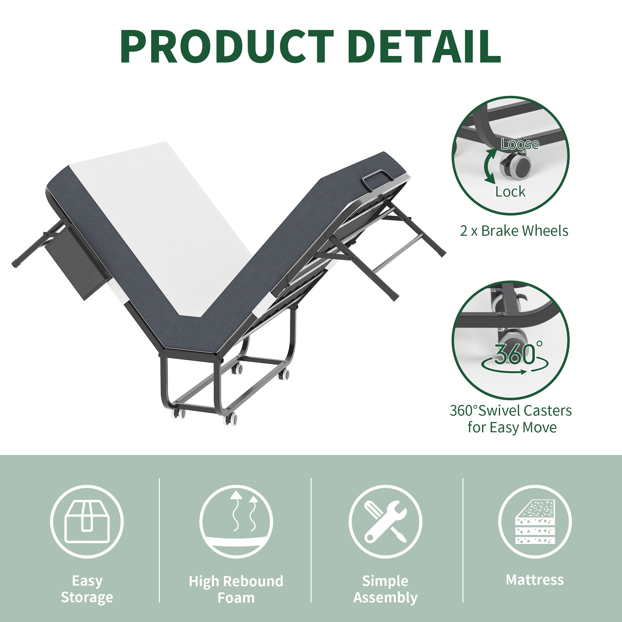 Huluwat 75 Inch Folding Bed with 5 inch Memory Foam Mattress Space ...