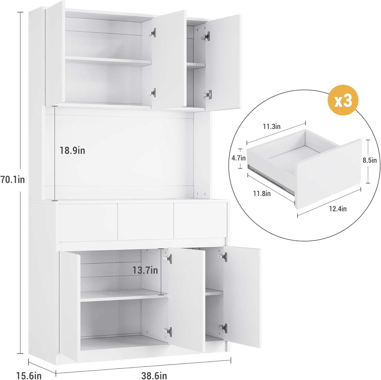 Garvee 70Inch White Pantry Cabinet with Charging Station and Open ...