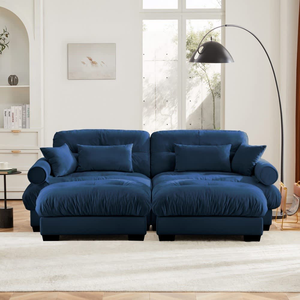 Coolbibila Modern 2-Seat Sofa With Ottoman Blue Sectional Sofas Large ...