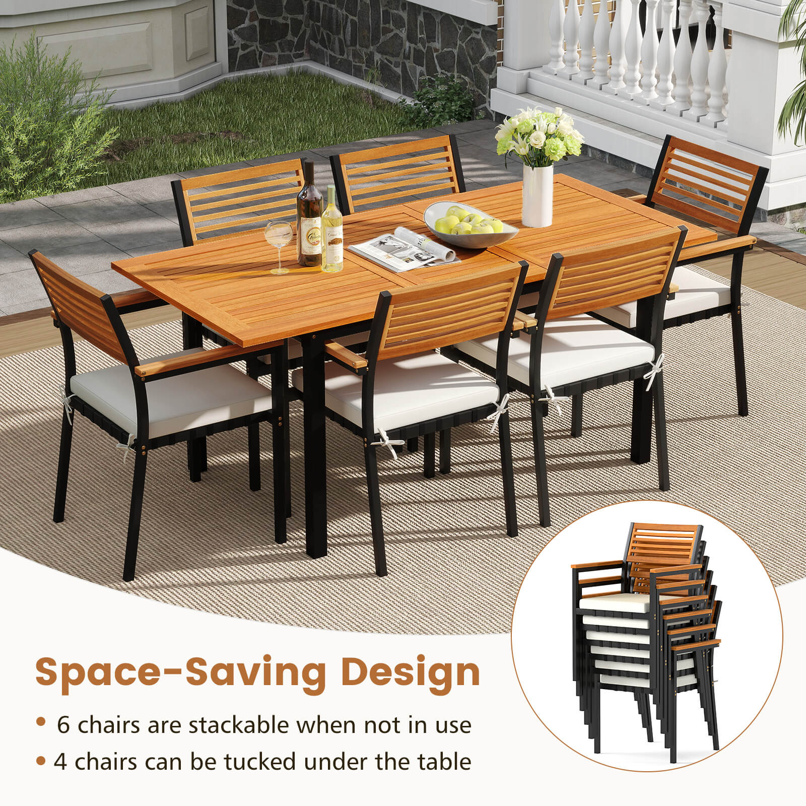 Costway 7 -Piece Black Patio Dining Set Extendable Table Wood Rectangle ...