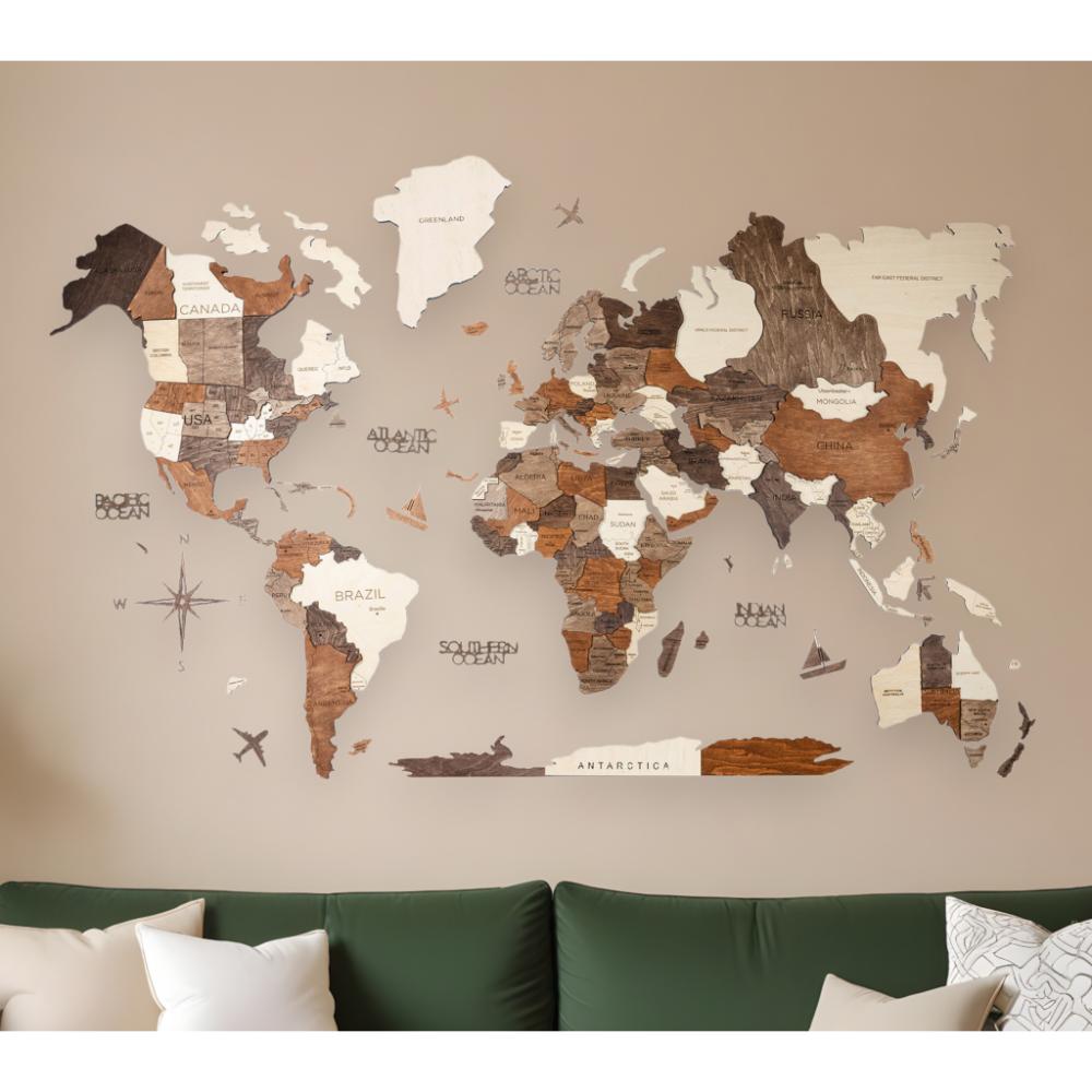 HomeRoots 47 inch X 79 inch Brown and Beige Wood World Map Hanging ...