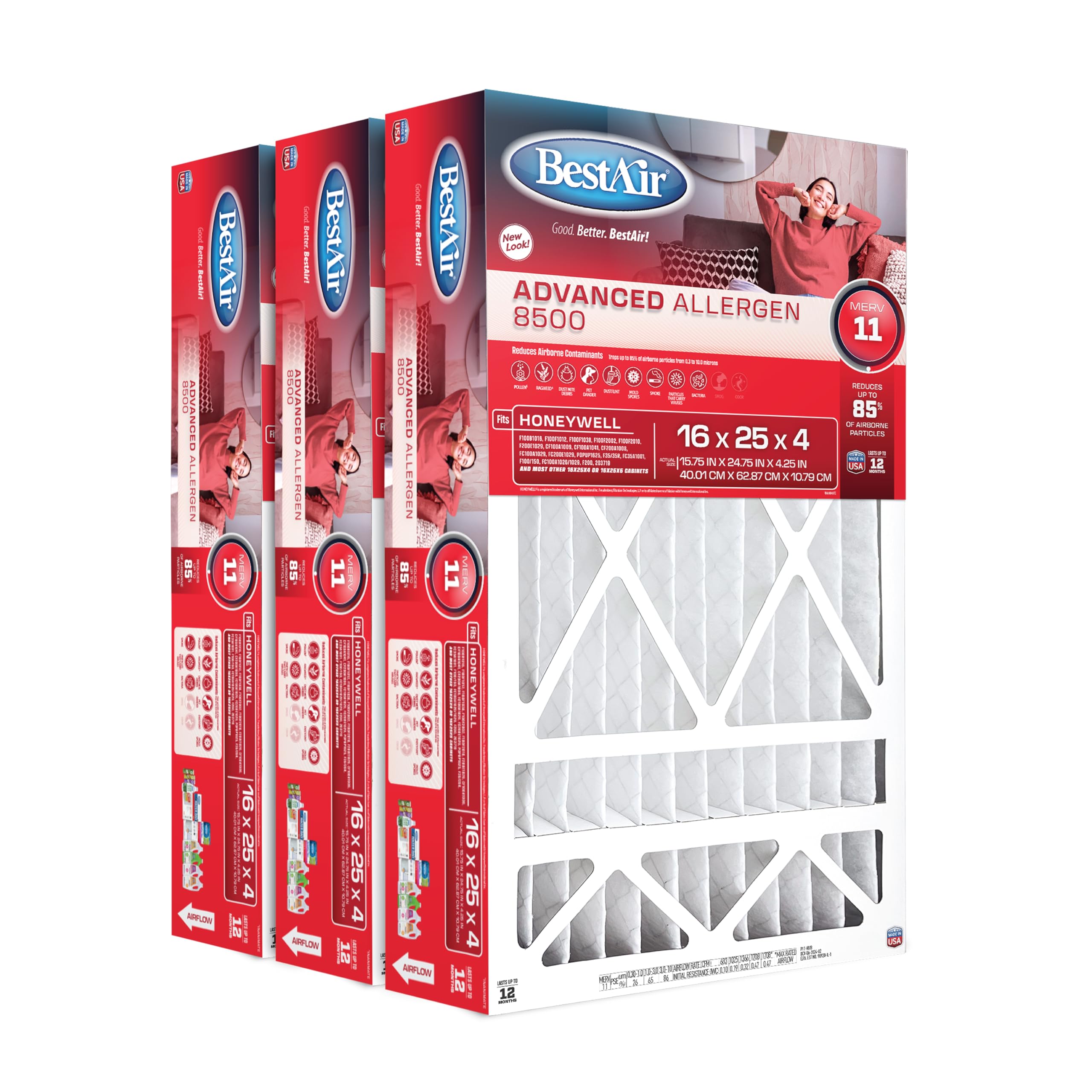 BestAir HW1625-11R AC Furnace Air Filter 16 x 25 x 4 MERV 11 Removes ...