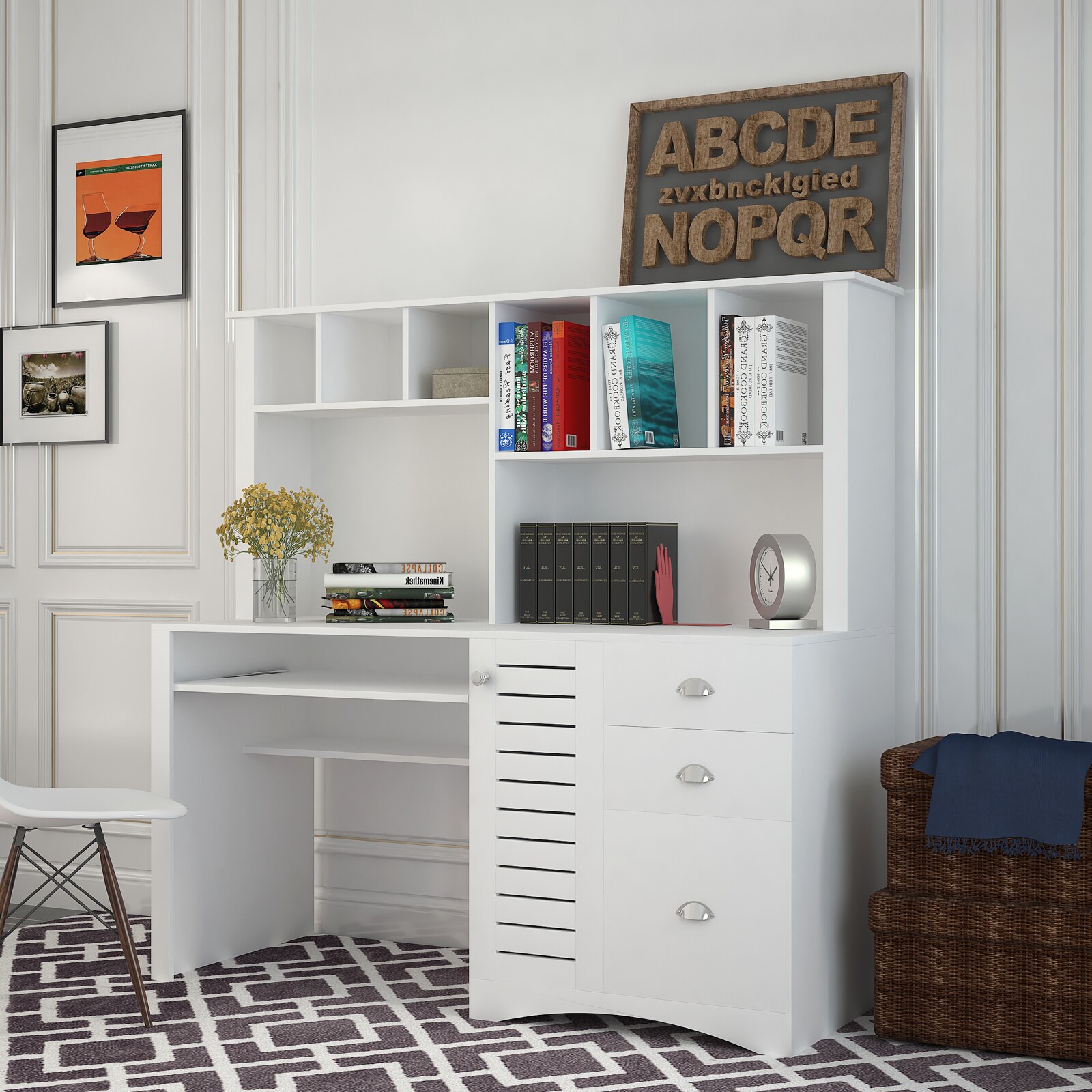 Clihome Computer Desk with Hutch 57.56-in White Modern/Contemporary ...