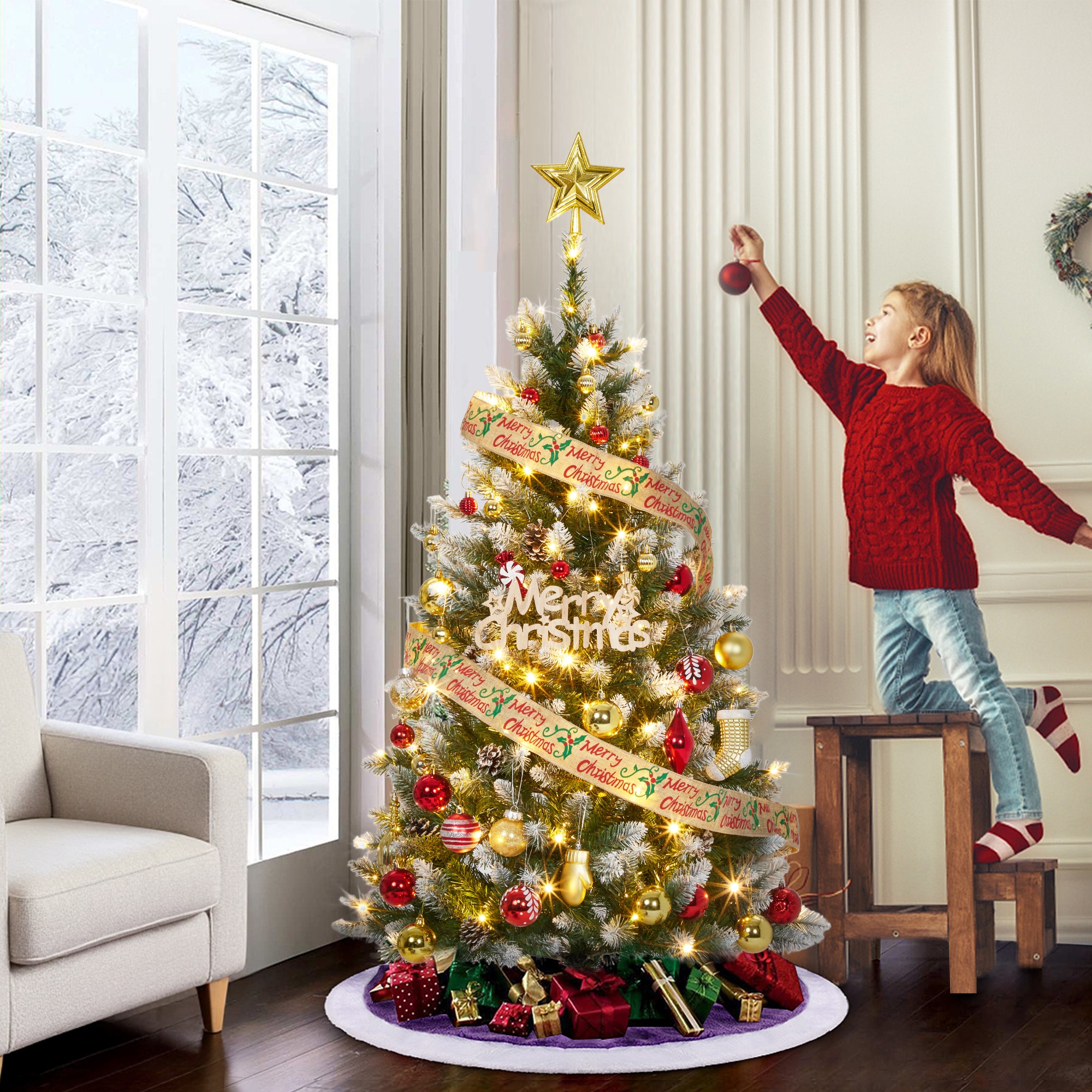 GarveeLife Snow Flocked Artificial Christmas Tree Pre Lit Christmas ...