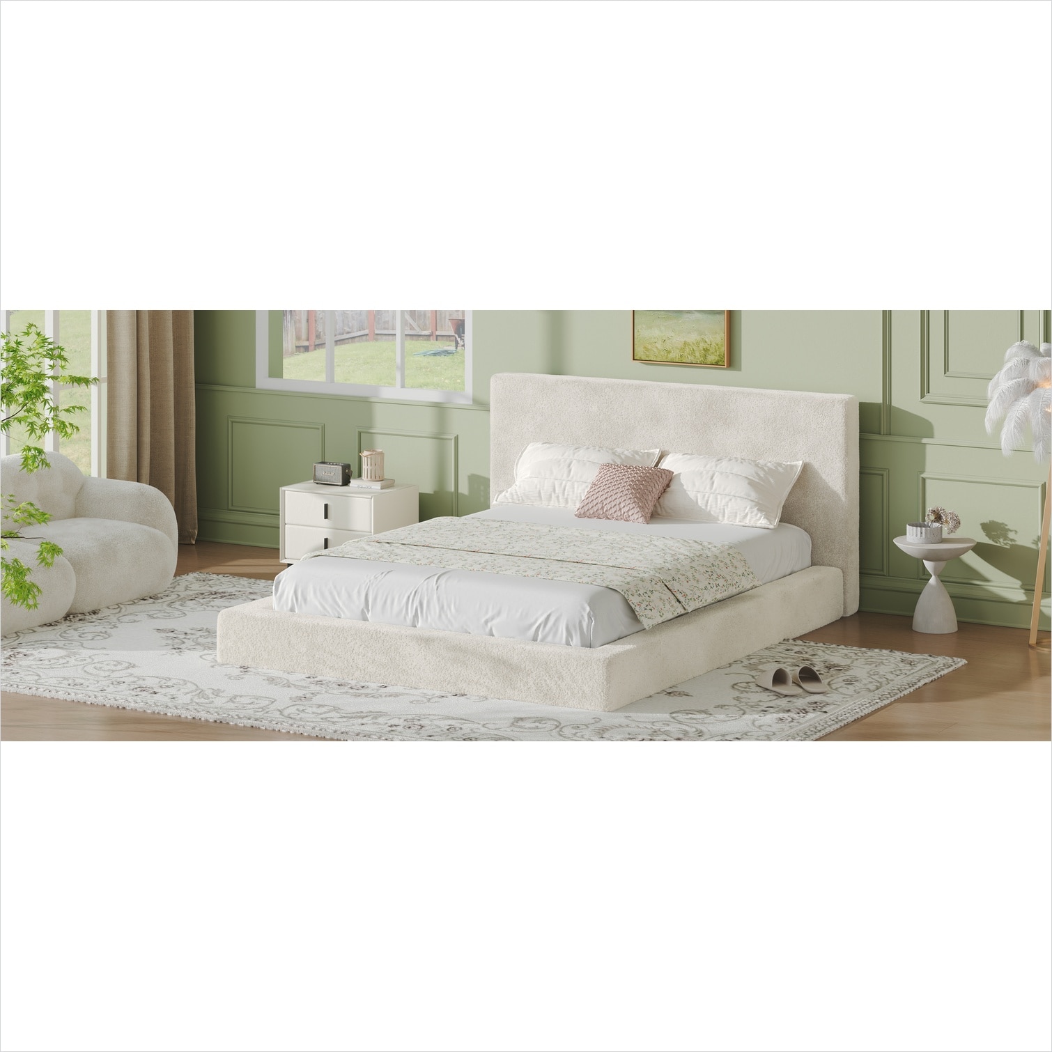 SunJet Off-White Sherpa Queen Frameless Bed Surround Cloud Upholstered ...