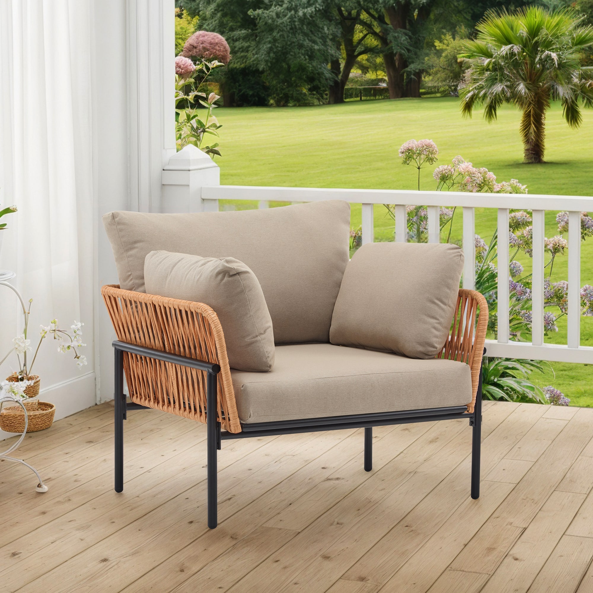 Hrinhom Waterproof Fabric Rattan Natural Iron Frame Stationary Chaise ...