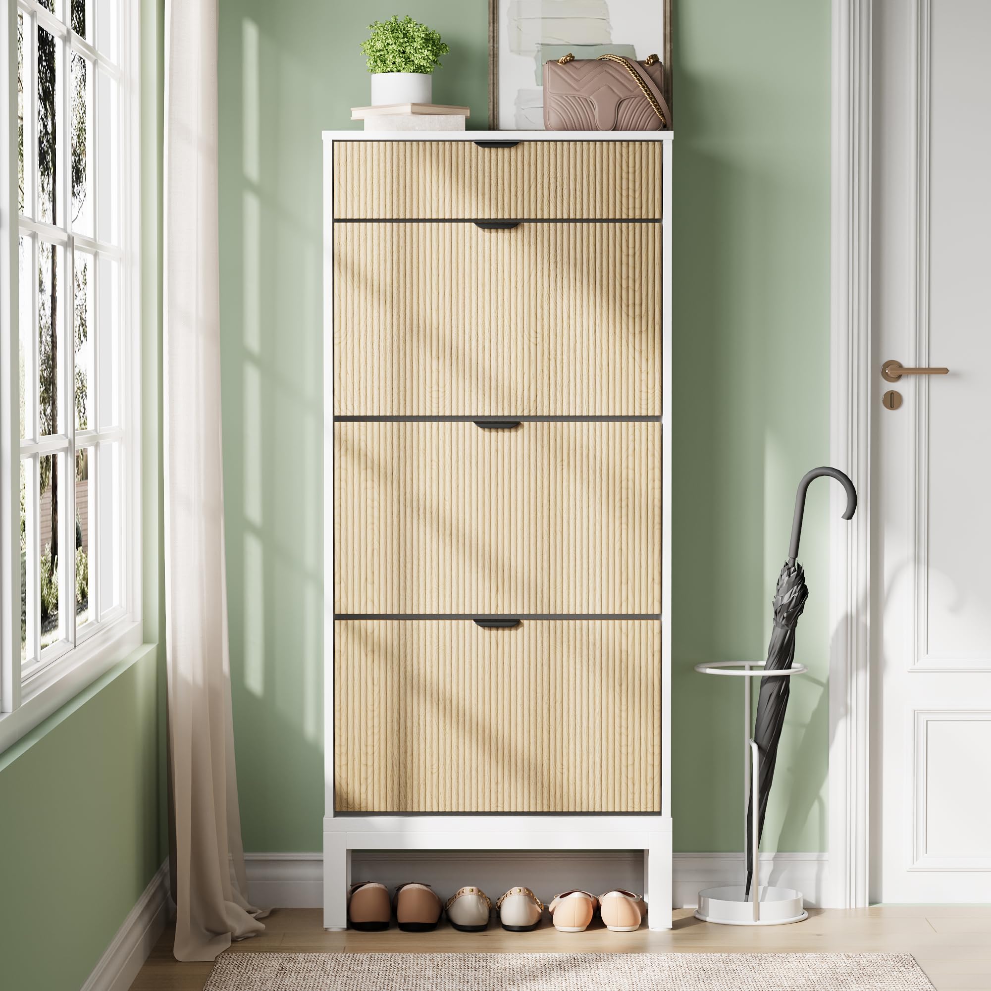 GarveeLife Fluted Shoe Cabinet with 3 Flip Doors and Drawer Slim Hidden ...