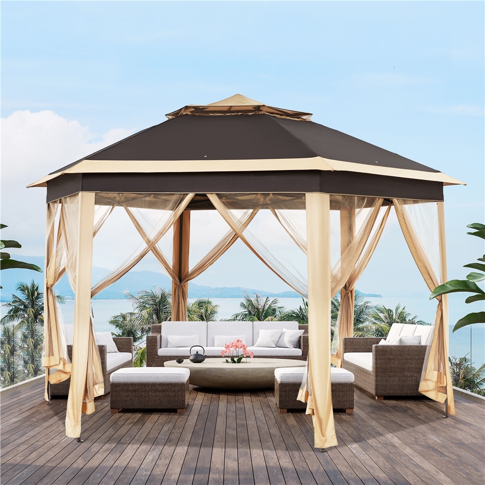 Yaheetech 13FT Khaki/ Brown Hexagonal Outdoor Gazebo Pop-Up Canopy with ...