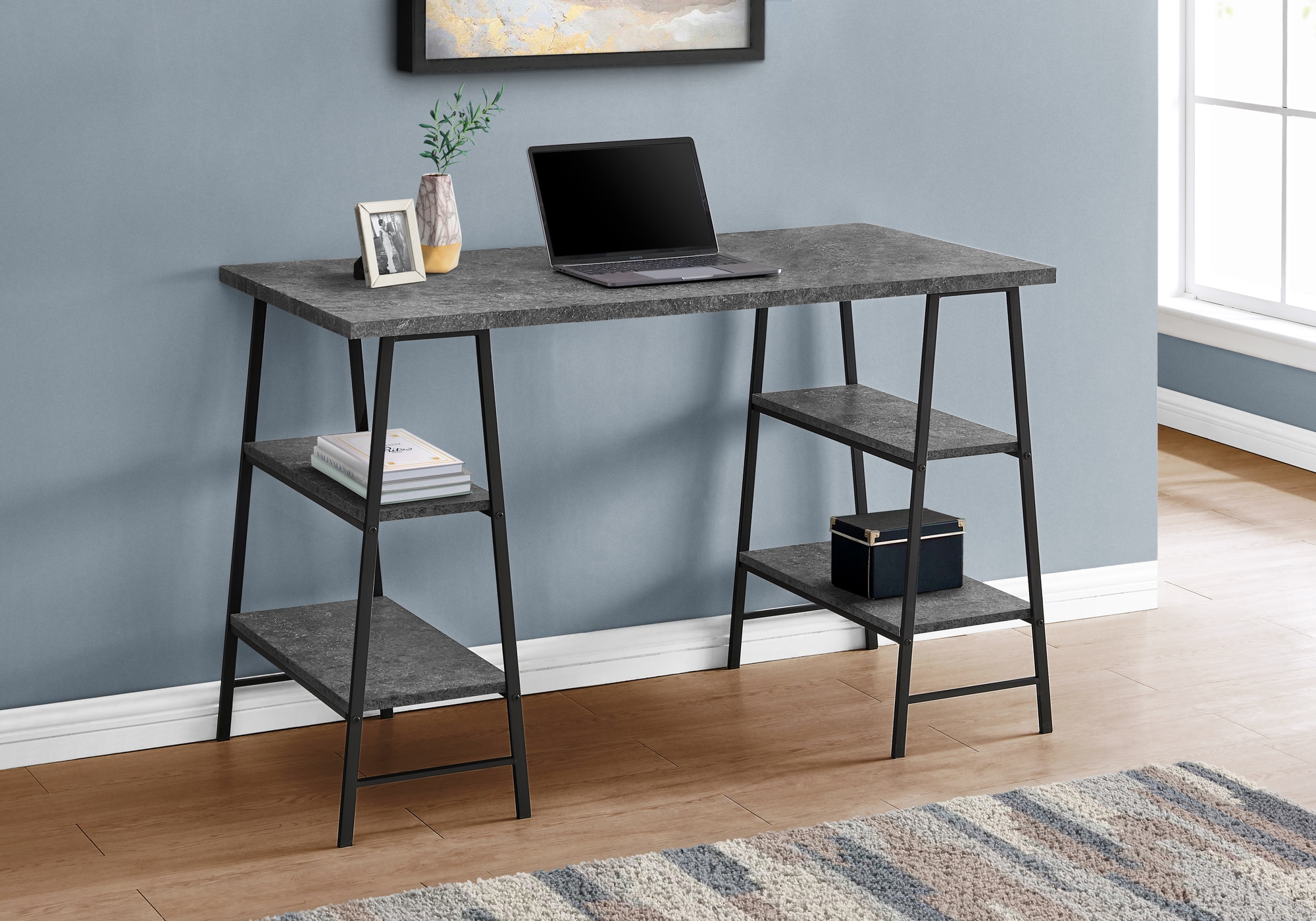 Tatayosi 48 inch Black Grey Laminate Computer Desk with Storage Shelves ...