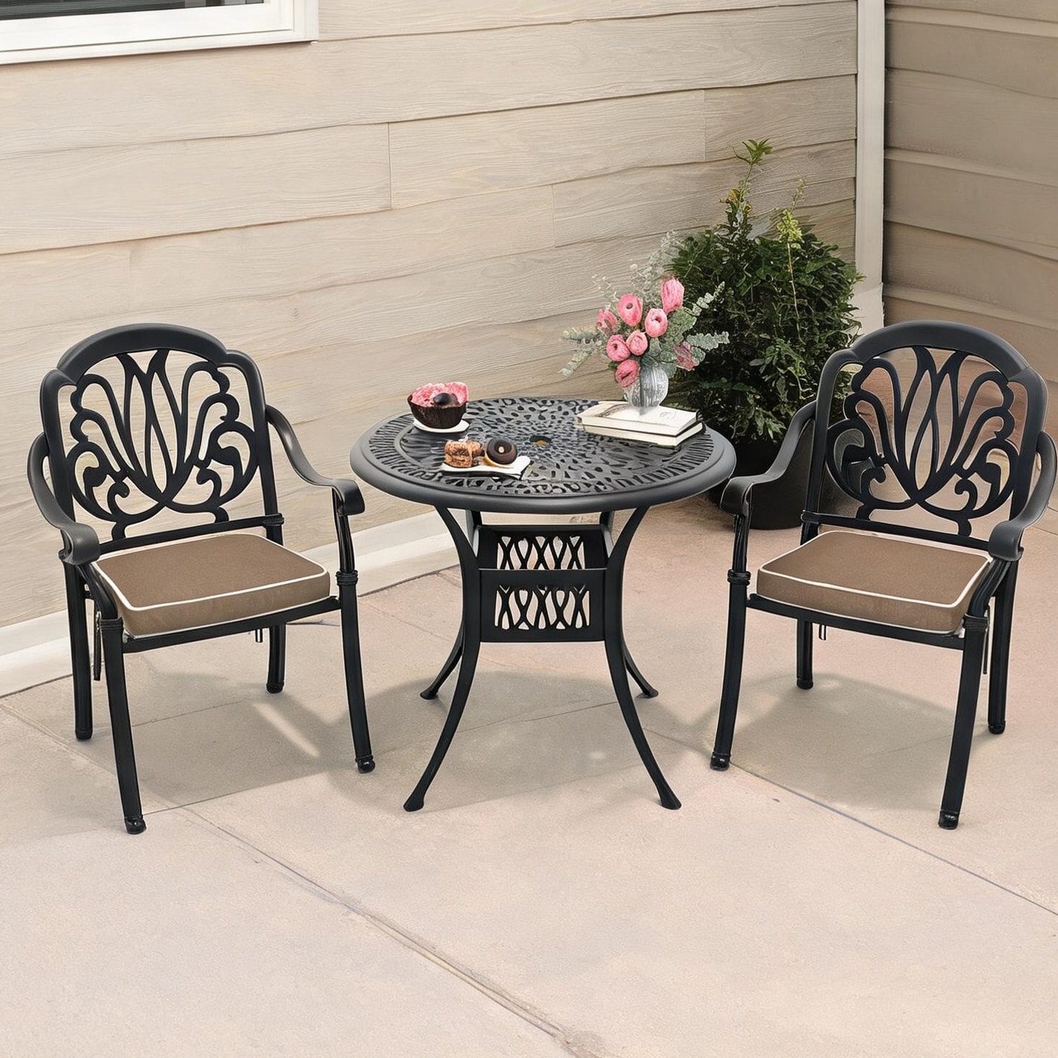 SunJet Jet Black Aluminum 3-Piece Outdoor Dining Set with Brown ...