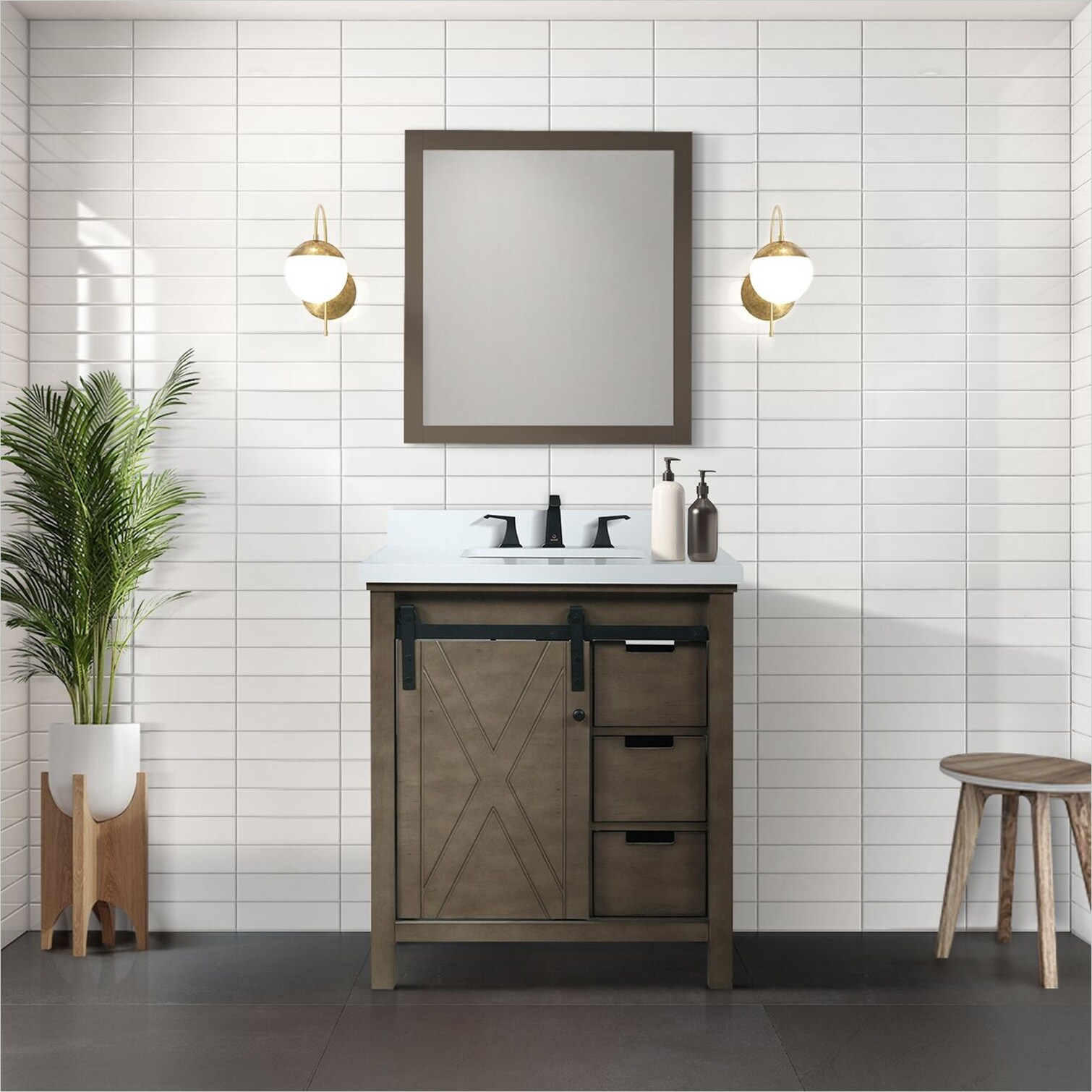 SunJet Warm Brown Solid Wood Bath Vanity with White Quartz Top 30.5 ...