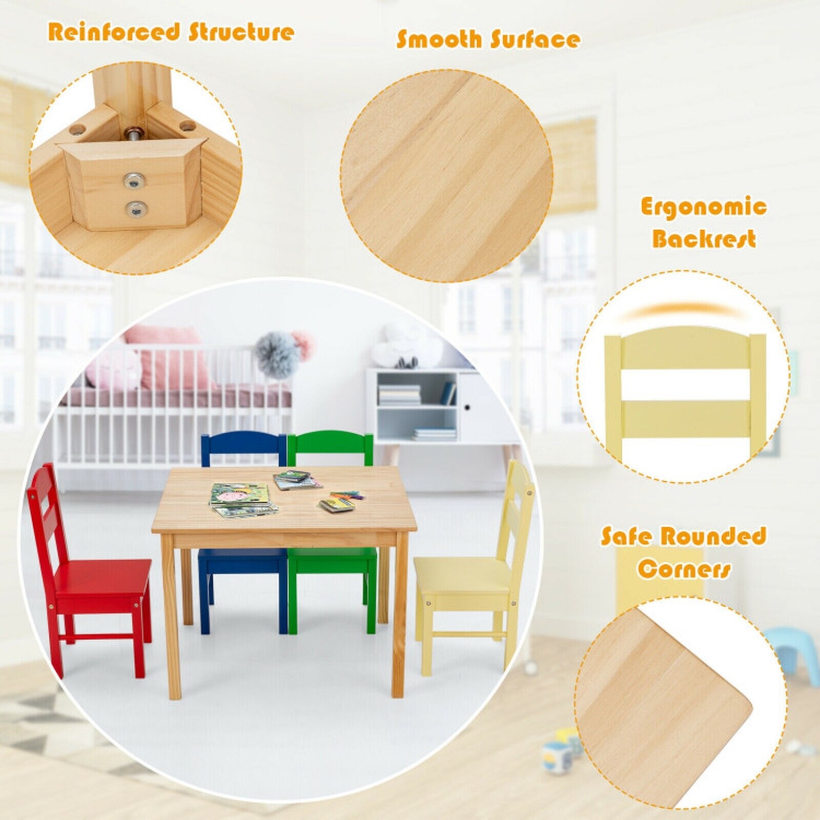SUGIFT 5-Piece Kids Pine Wood Table and Chair Set with 4 Stackable ...