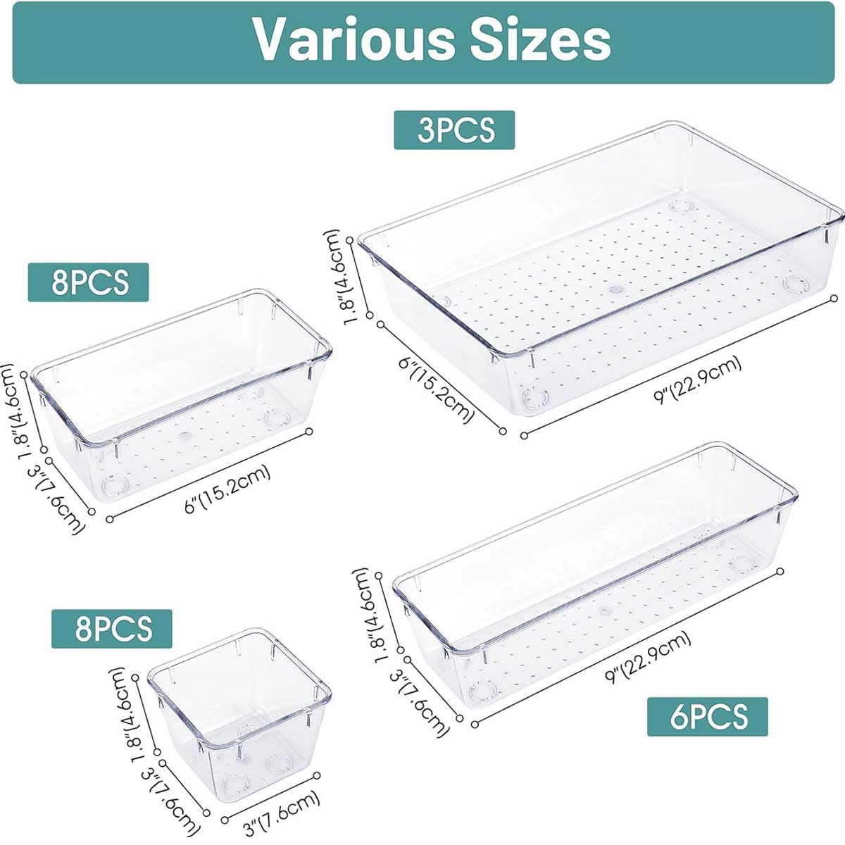 Aoibox 25 Piece Clear Plastic Drawer Organizer Set 4 Sizes Stackable ...