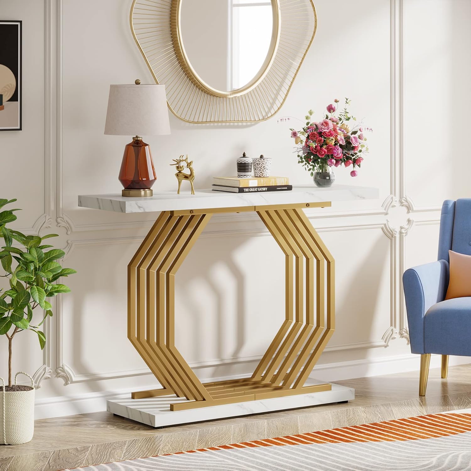 Tribesigns Gold Console Table Faux Marble Entryway Table Narrow Sofa ...