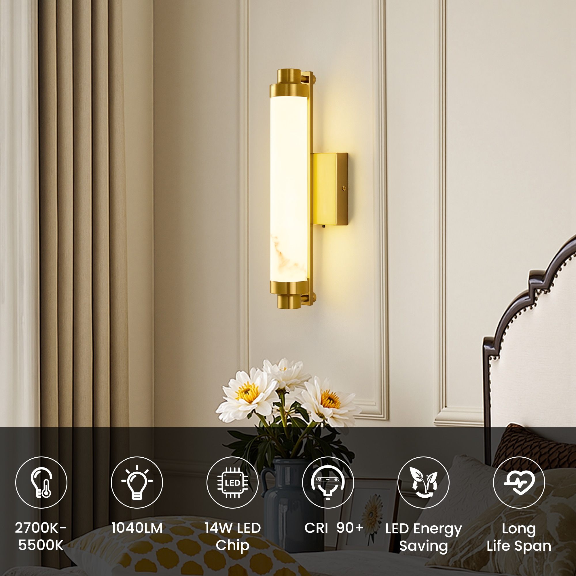 KAISITE Wall Sconces Set of 2 - Modern Gold Dimmable 5CCT LED Bathroom ...