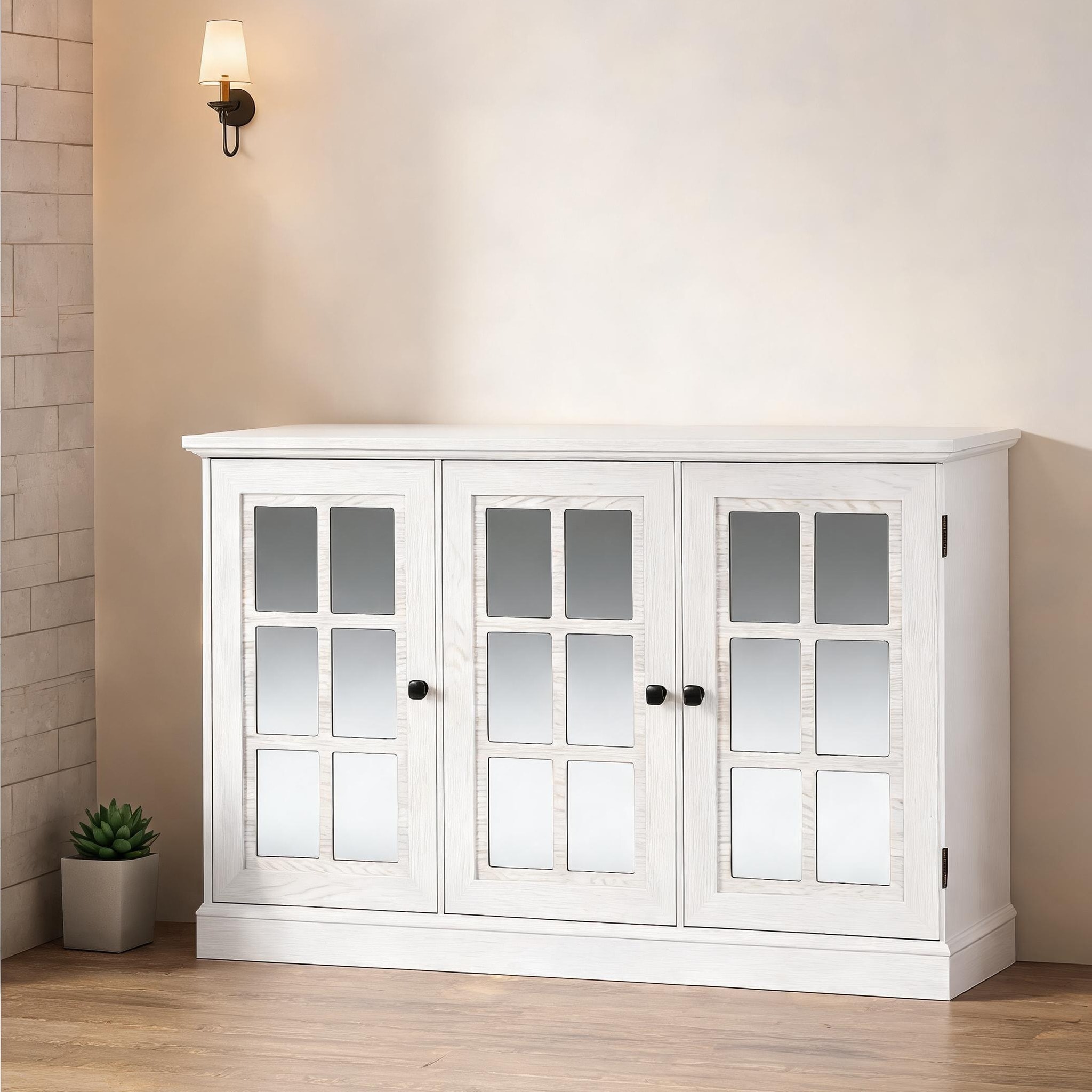 Watnature Crisp White 45-inch Wide Sideboard with 3 Mirrored Doors ...