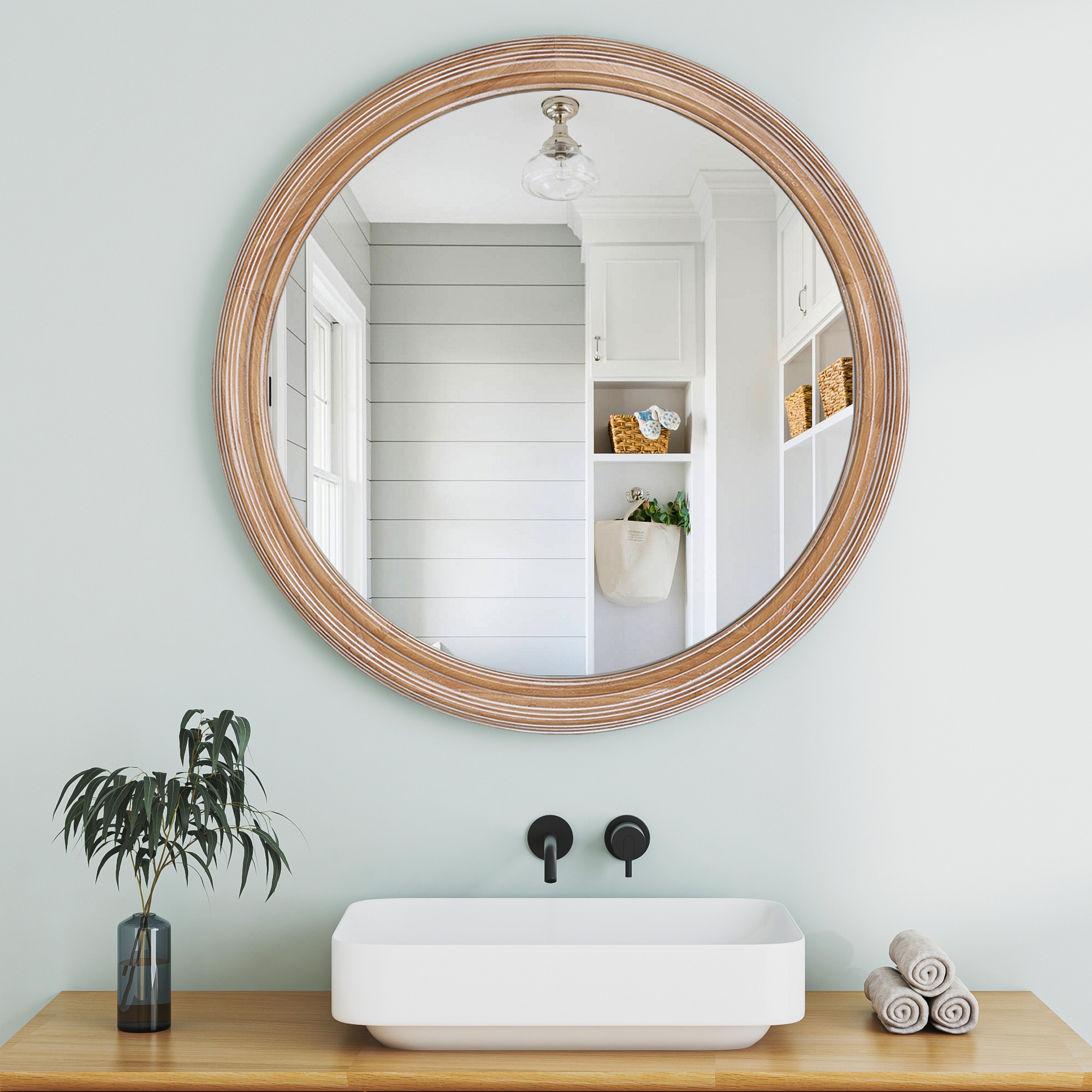 Huluwat 55/2 Inches Round Wall Mirror for Bathroom Vanity Wooden ...