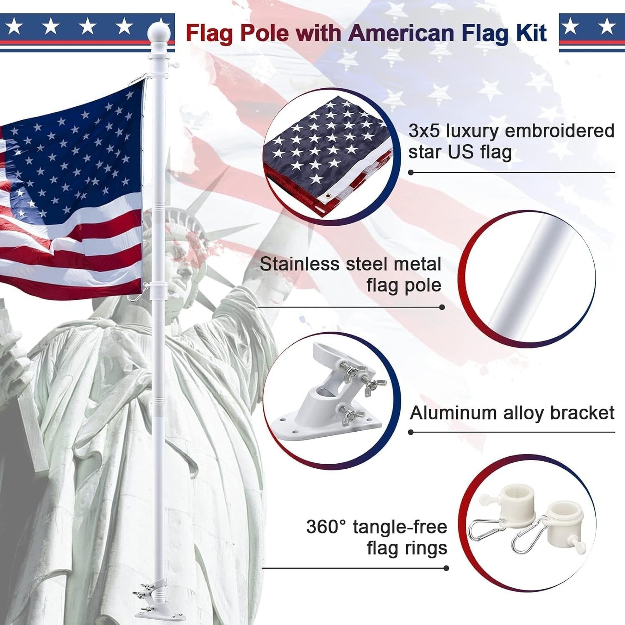 Wudkey White 5FT Flag Pole Kit with 3x5 FT American Flag and Wall Mount ...