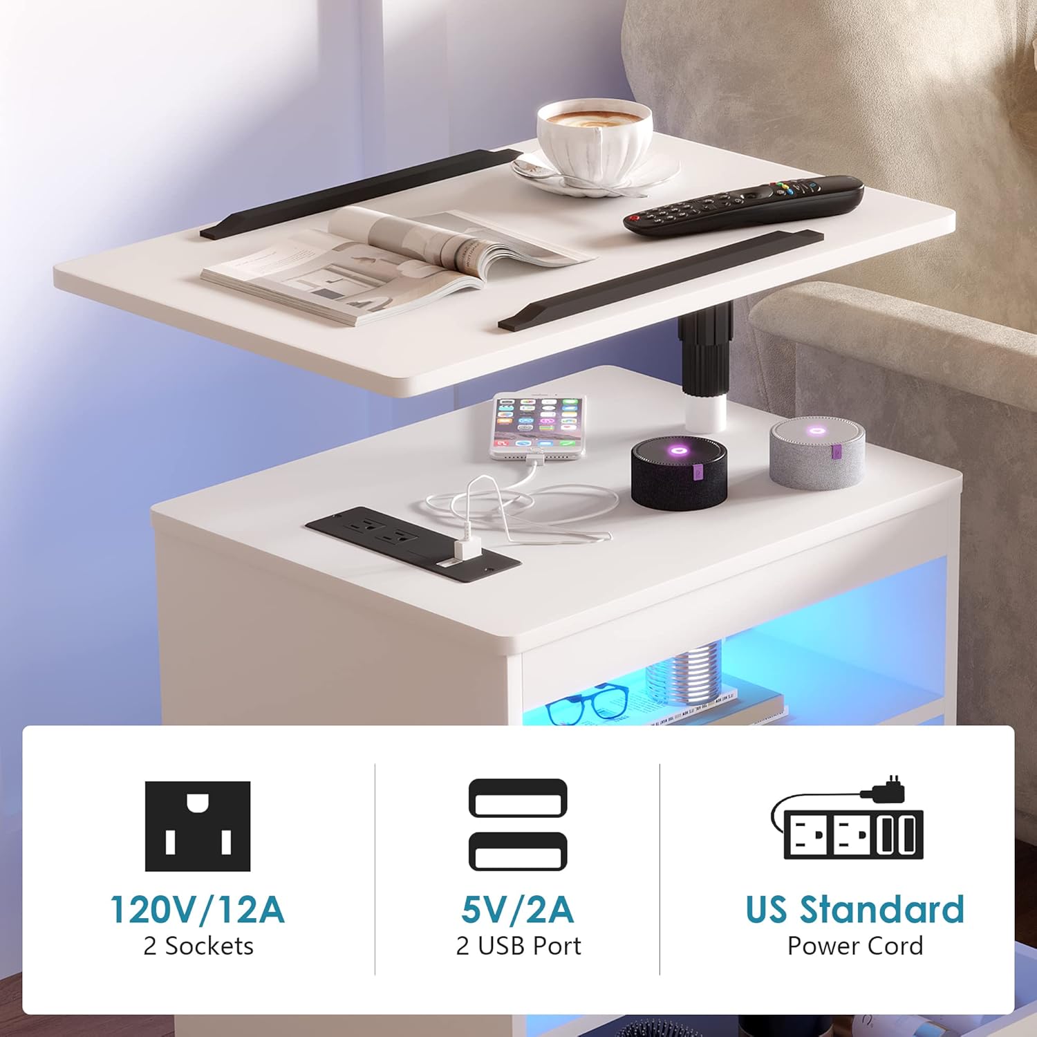 Vlsrka LED Nightstand with Outlet and Charging Station Swivel Top ...