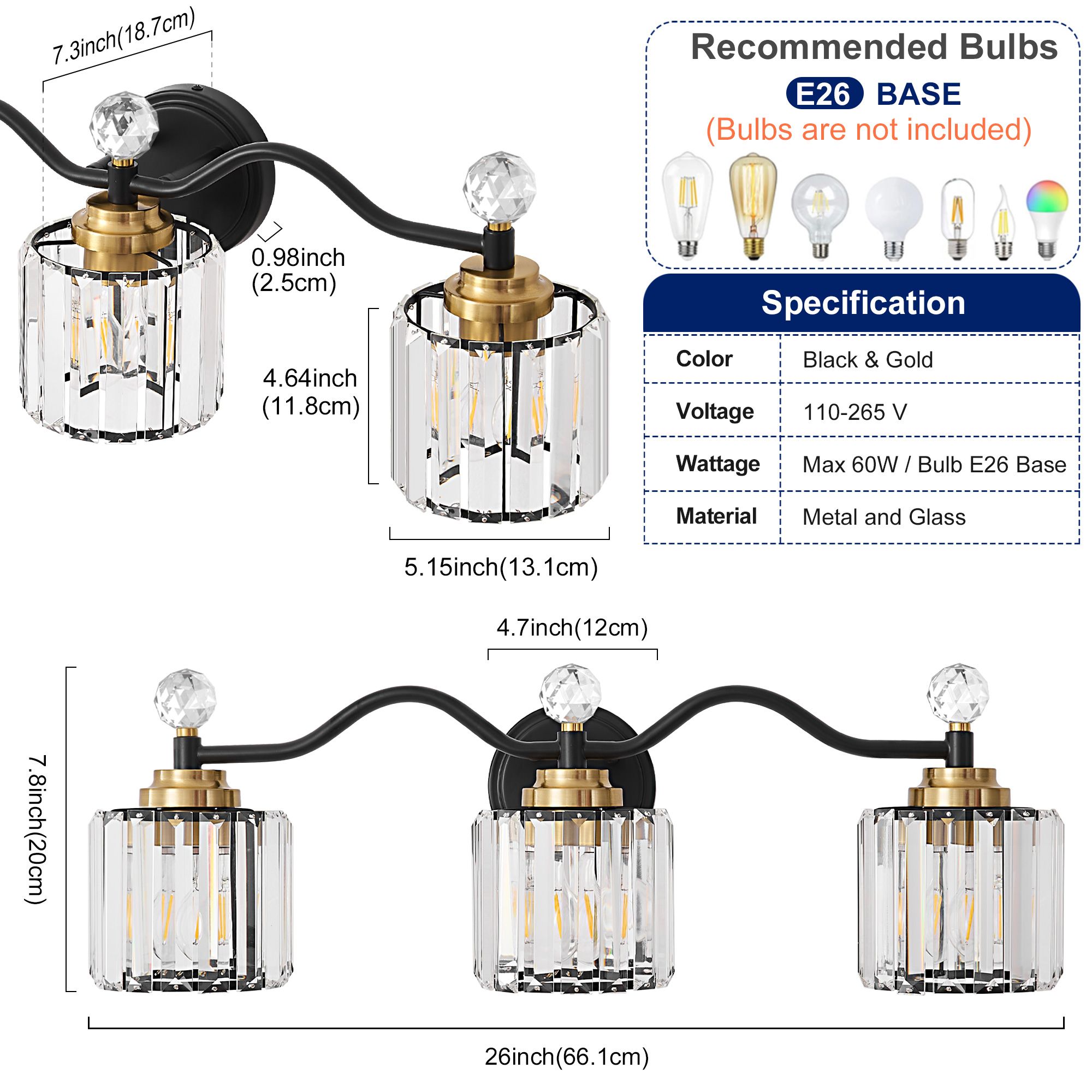 Lanmate 3 Light Crystal Vanity Light Fixture Bathroom Wall Mounted ...