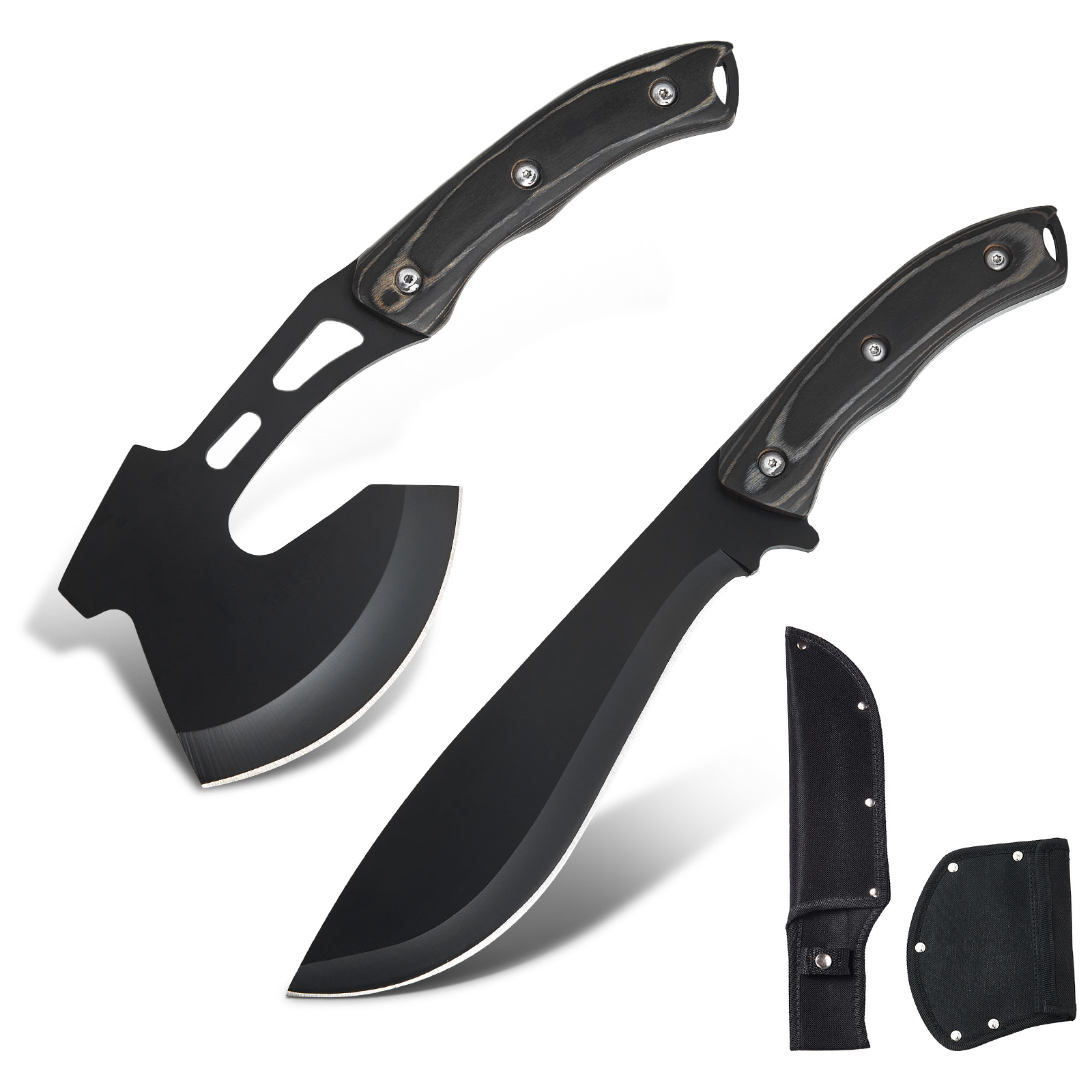 GIVIMO Hunting Knife and Hatchet Axe Combo Set with Sheaths 13-in Fixed ...