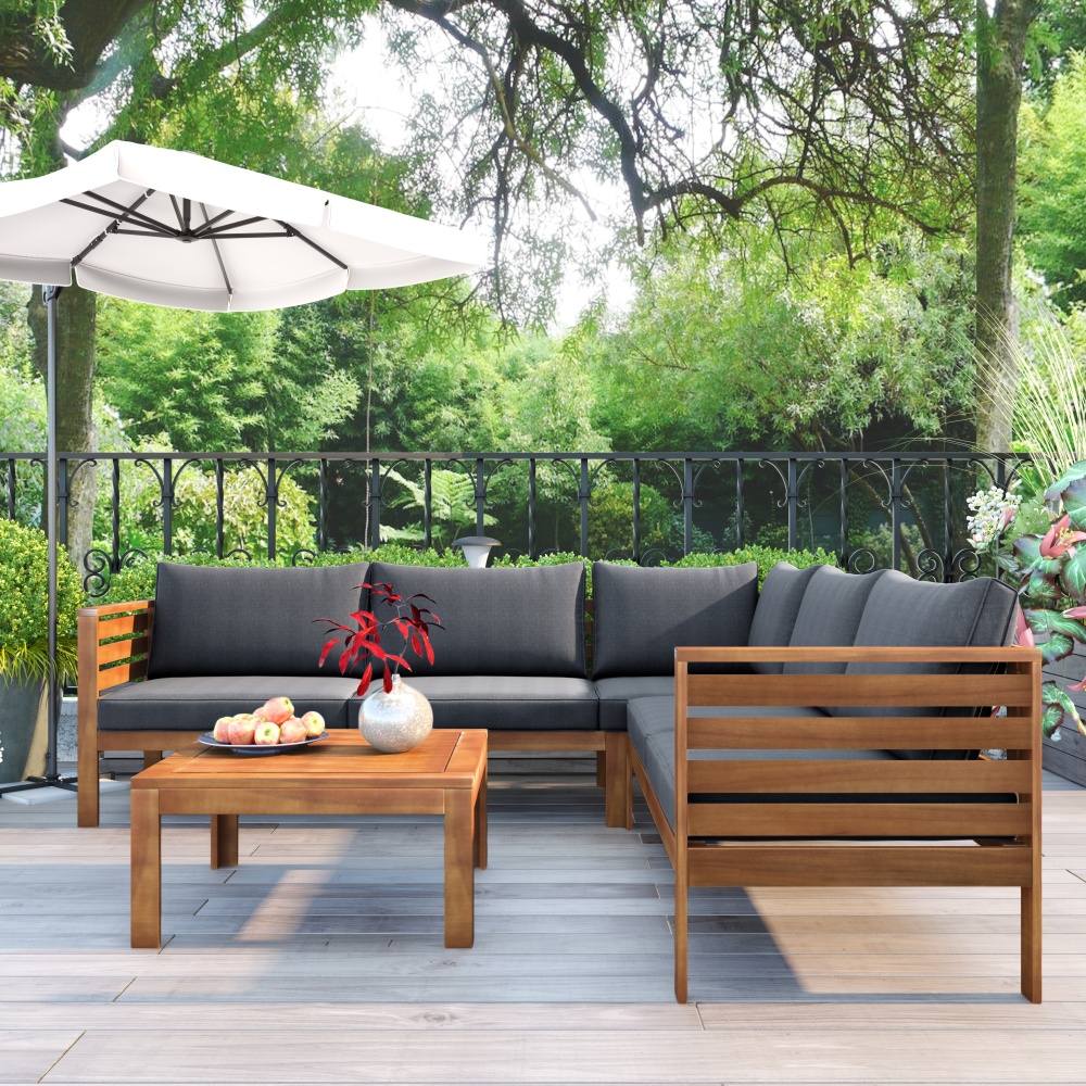 Coolbibila 4-Piece Acacia Wood Outdoor L-Shaped Patio Sectional Sofa ...