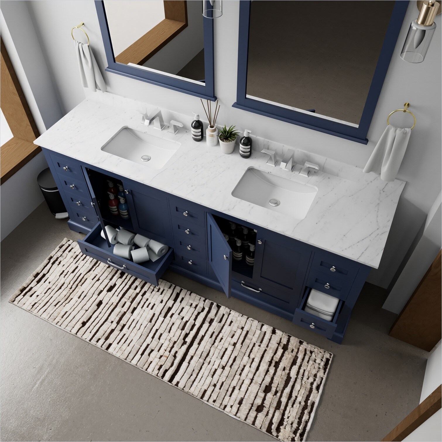 SunJet Double Bathroom Vanity with Carrara Marble Top in Classic Blue ...