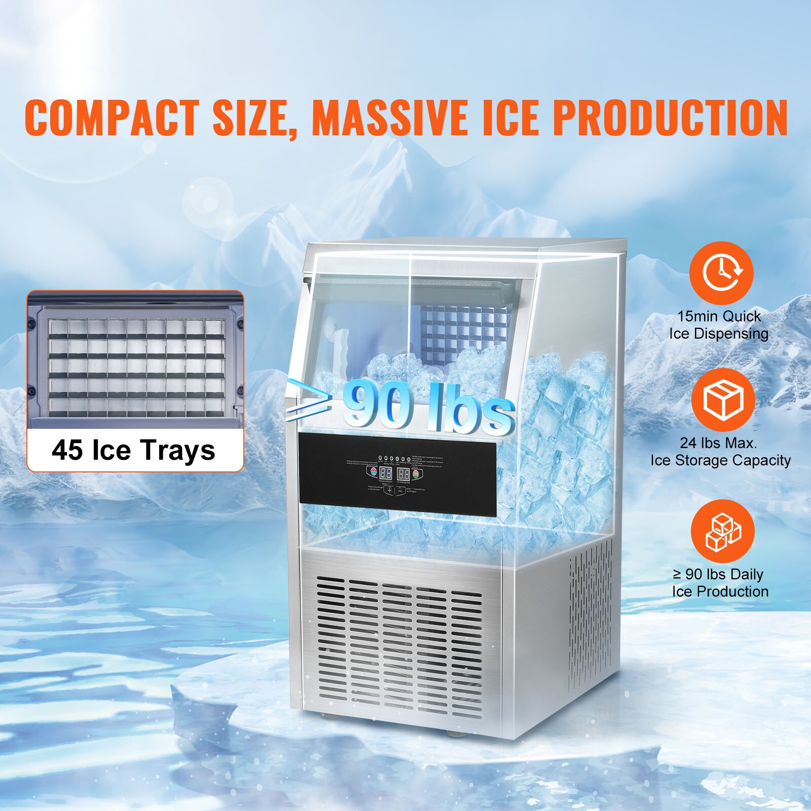 VEVOR 24 LBS Storage Ice Maker 90-lb Ice Per day Freestanding Cubed Ice ...