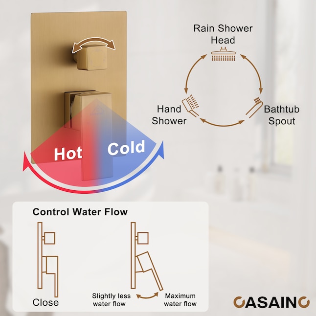 Casainc Brushed Gold 10 In Waterfall Dual Head Built In Shower Faucet