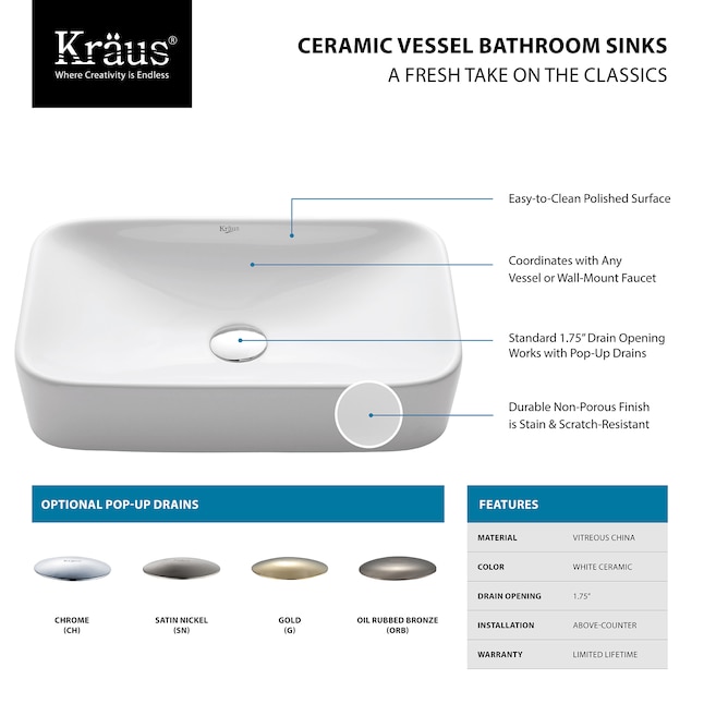Kraus White Ceramic Vessel Rectangular Traditional Bathroom Sink With