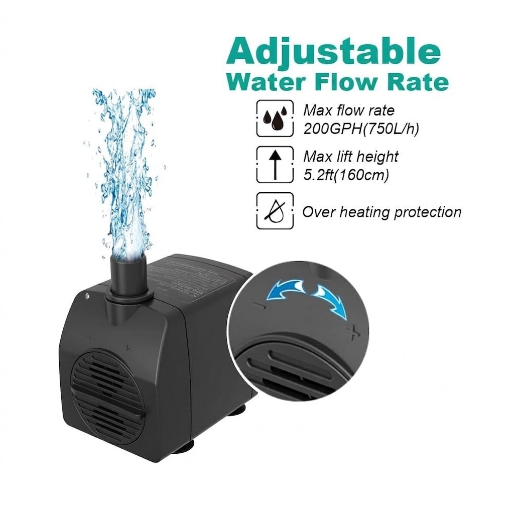 Misopily Submersible Water Pump 200GPH Ultra Quiet Adjustable Flow 5 ...