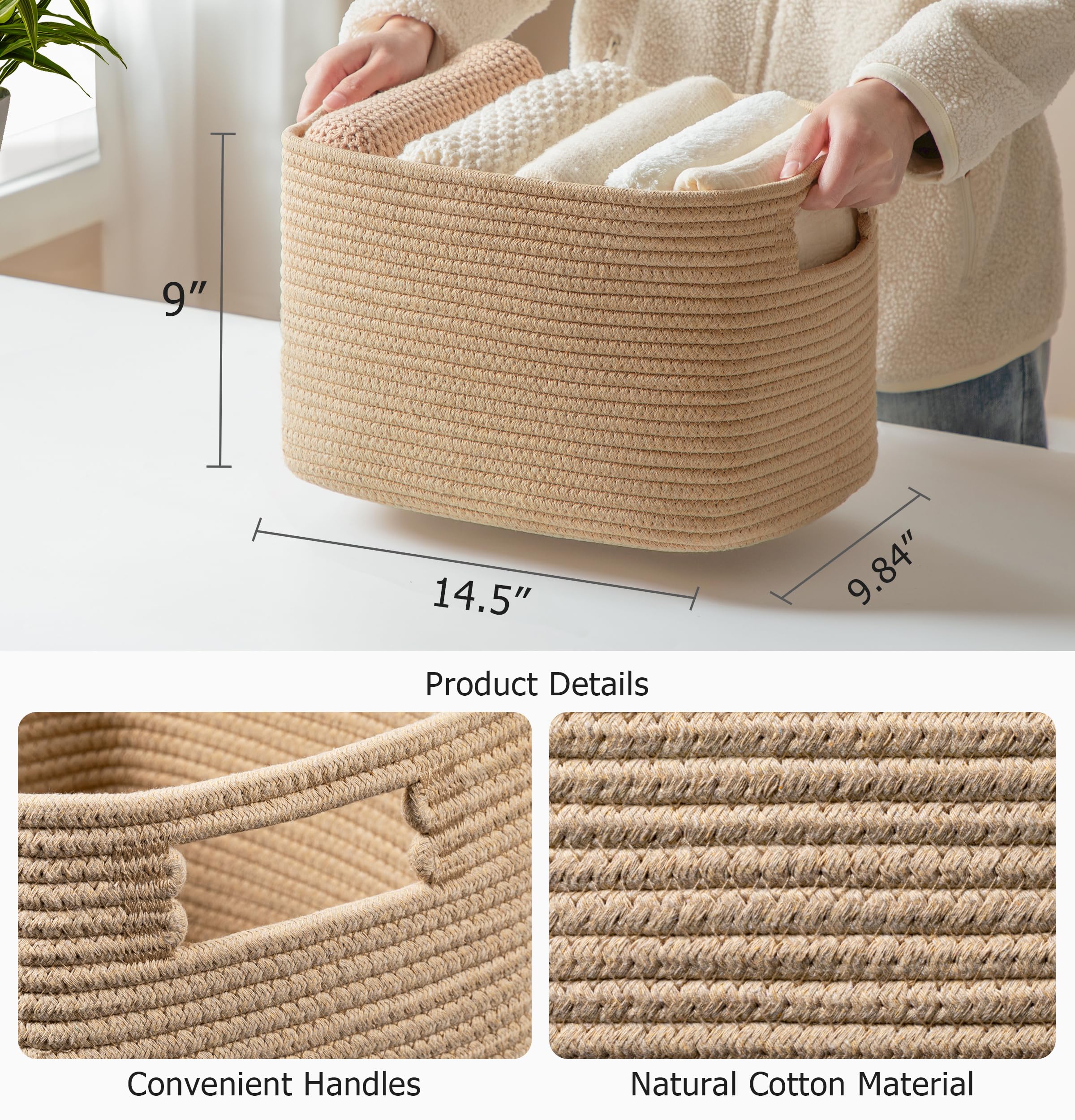 PIGFDK Brown Woven Cotton Storage Baskets With Handles Foldable Machine ...