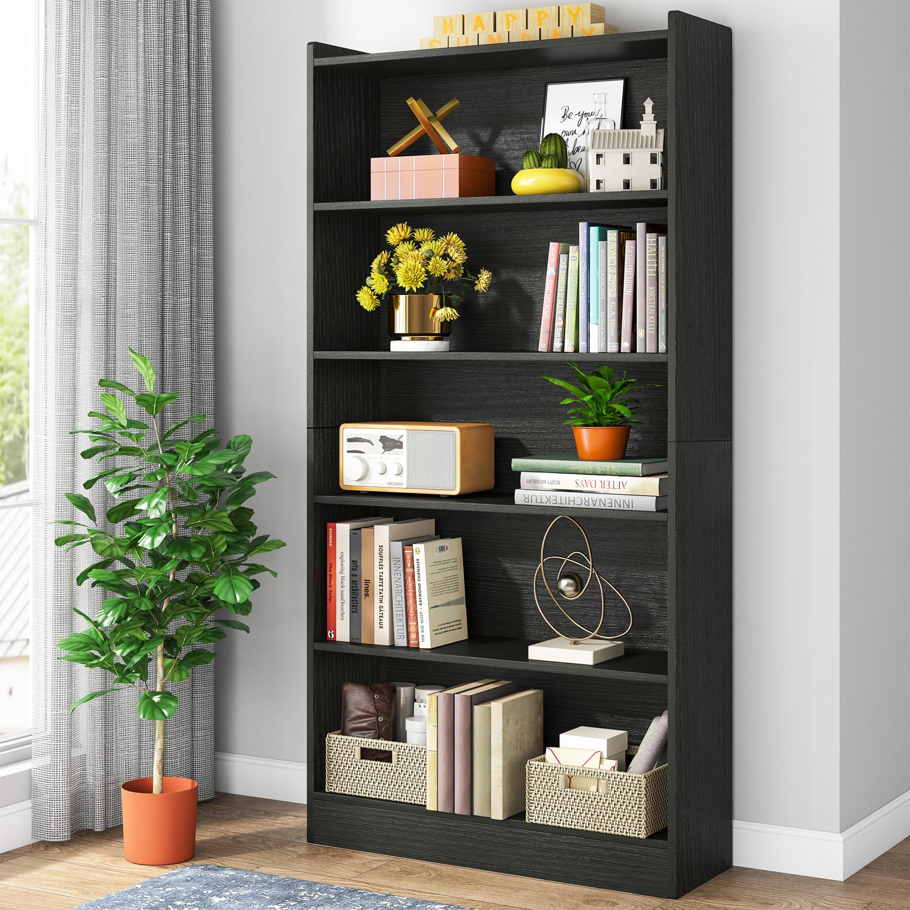 Tribesigns Black Wood 6 -Shelf Bookcase ( 35.43-in W x 72.04-in H x 11. ...