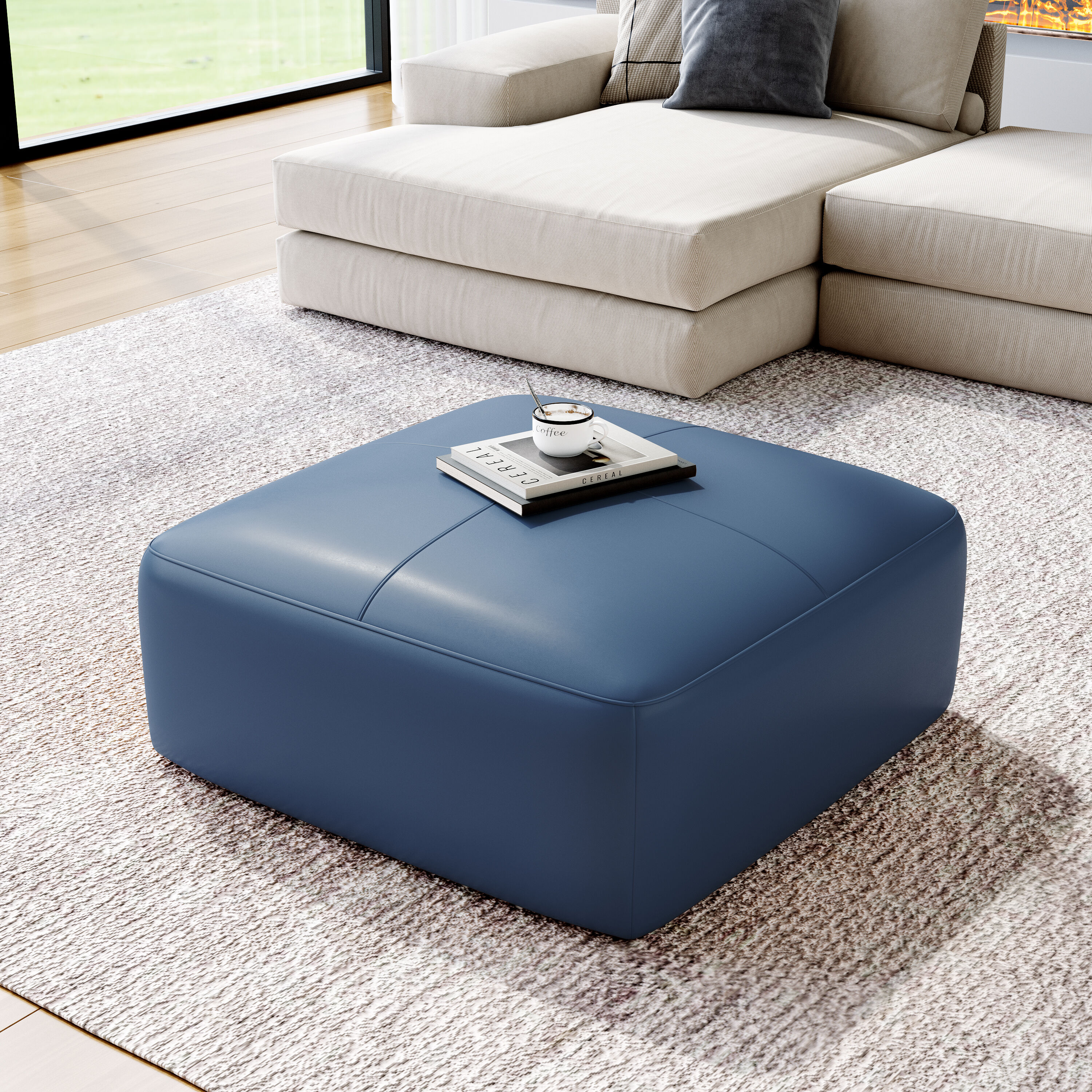Dreamsidea Square Top Grain Genuine Italian Leather Ottoman for Living ...