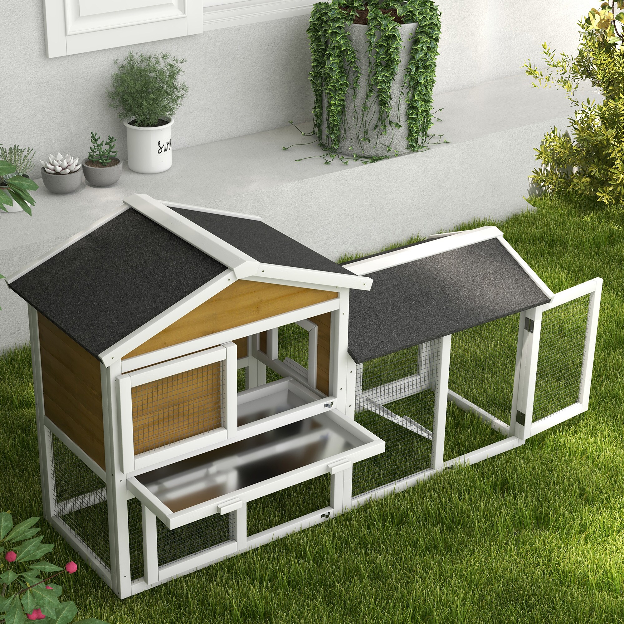 PawHut 58inch Large Rabbit Hutch Outdoor Indoor Wooden Bunny Hutch ...