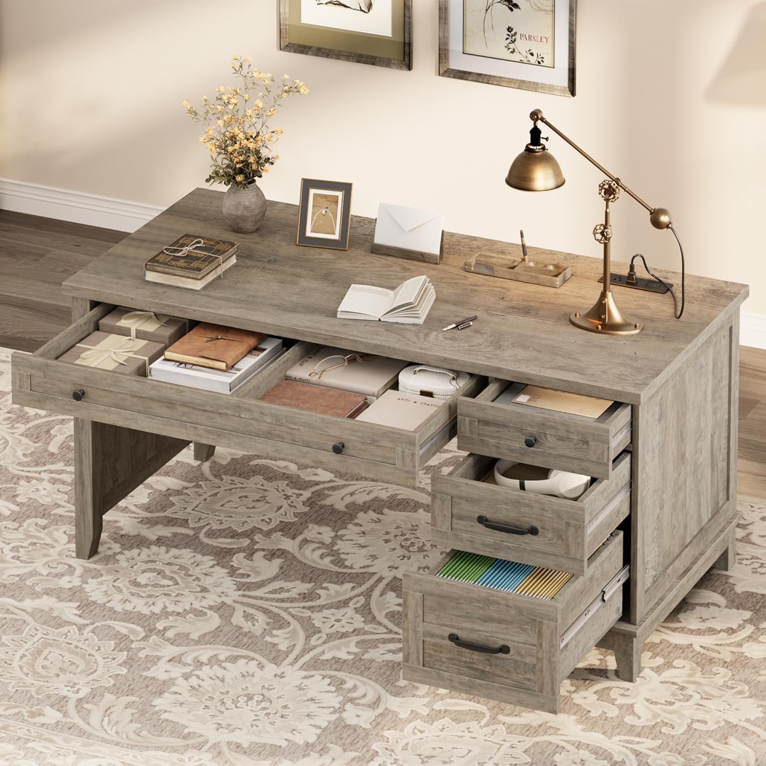 Garvee Executive Desk with Drawers Farmhouse Home Office Desk with ...