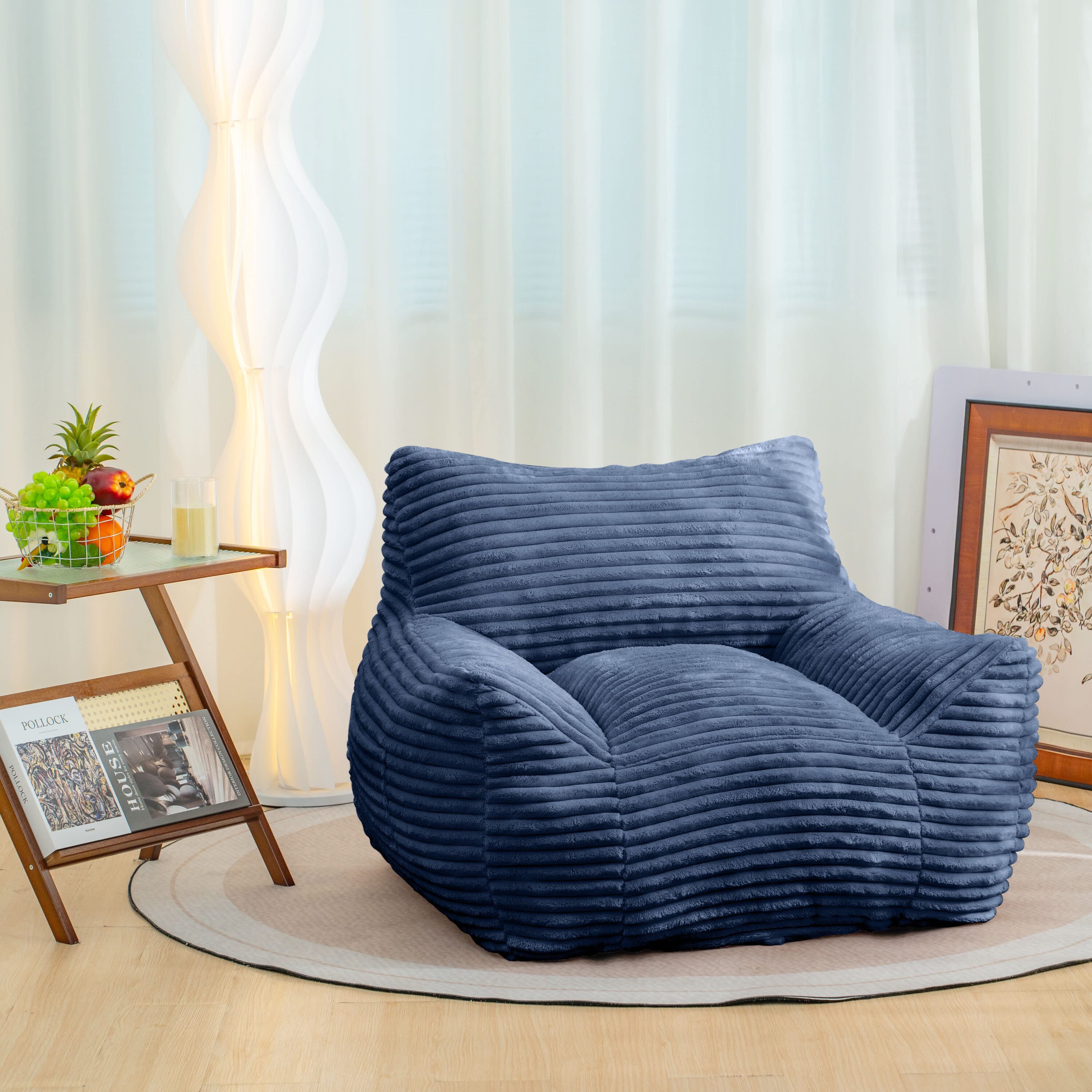 Vynxaria Blue Corduroy Oversized Large Bean Bag Chair with Armrests for ...