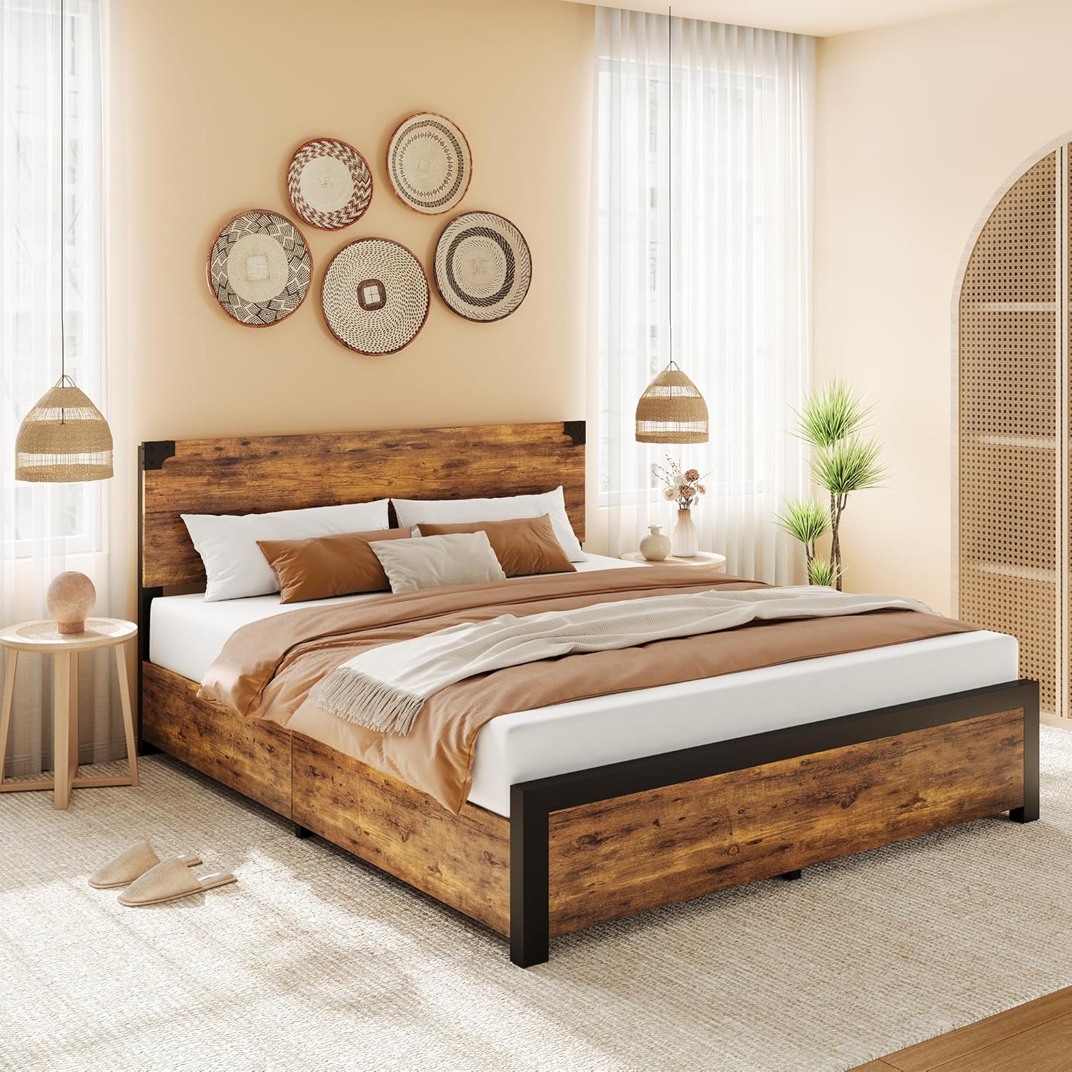 Garvee Full Size Rustic Vintage Brown Heavy Duty Metal Platform Bed ...