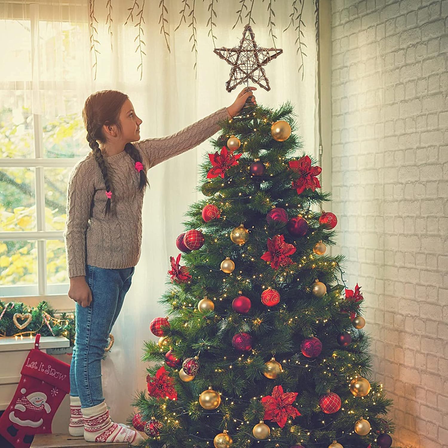 Etokfoks Rattan Christmas Tree Topper Natural Five Point Star 10 Inch ...