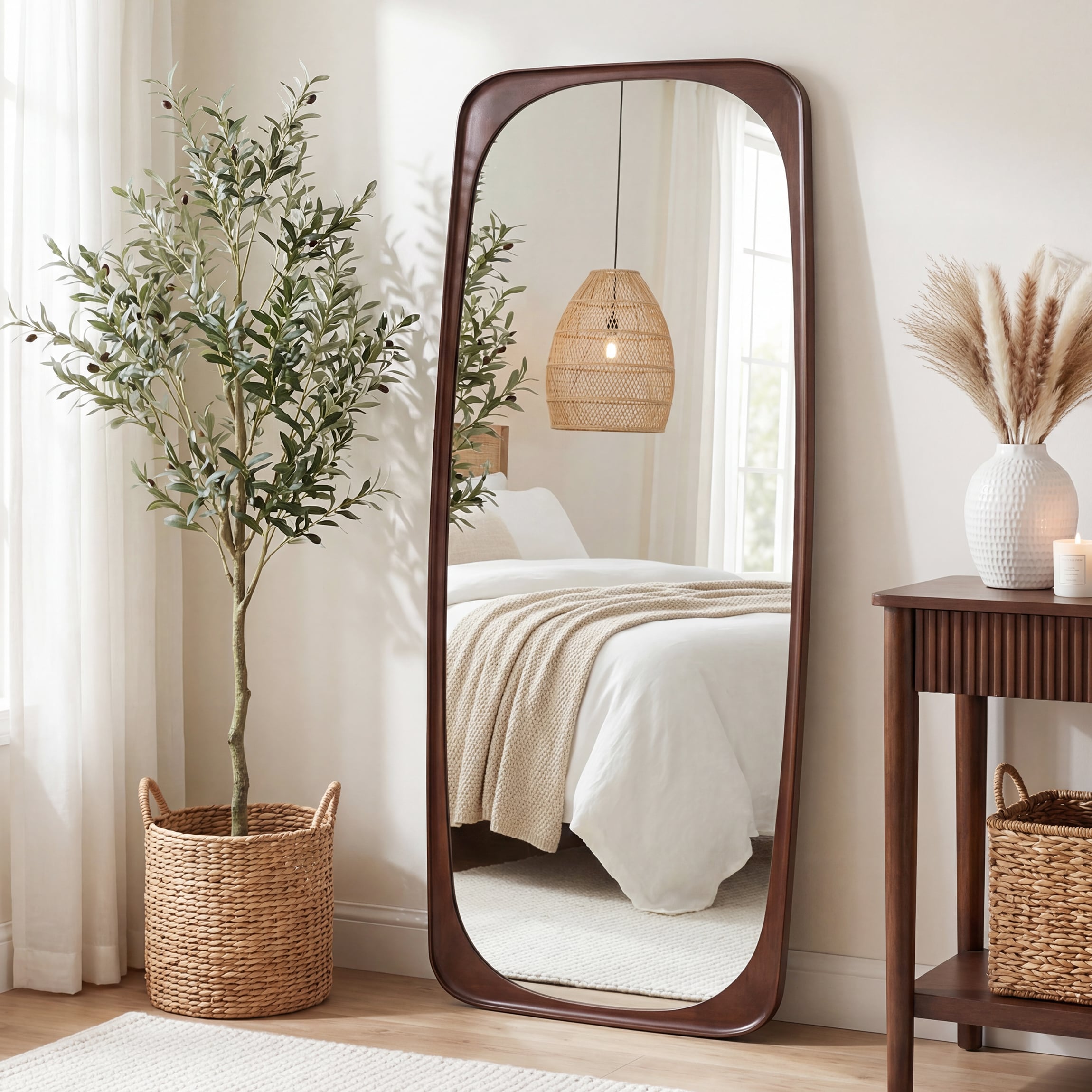 Misty Moon Walnut Colored Wooden Full Body Mirror Rounded Corner ...