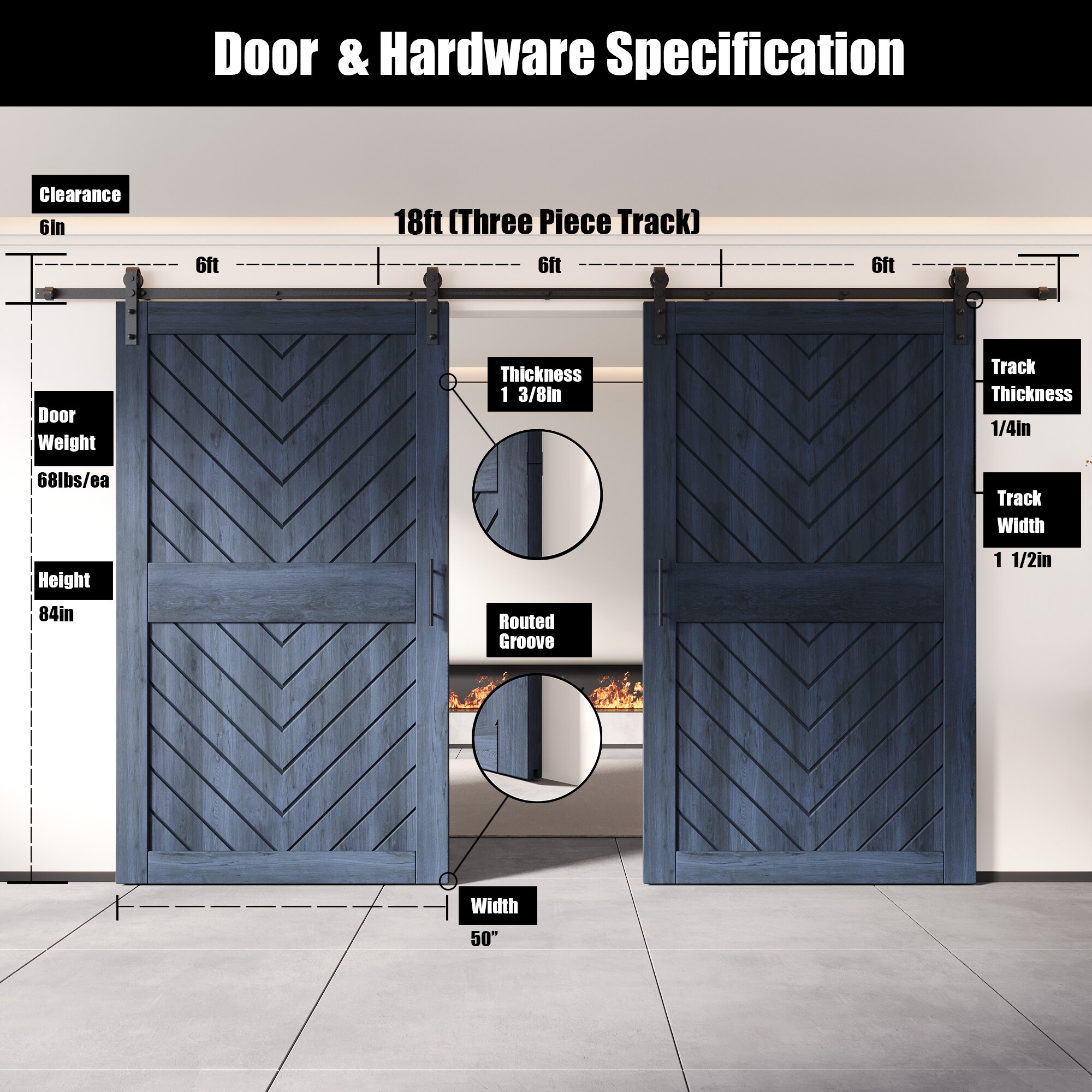 HOMACER 50-in x 84-in Navy Herringbone Pine Wood Solid core Double Barn ...