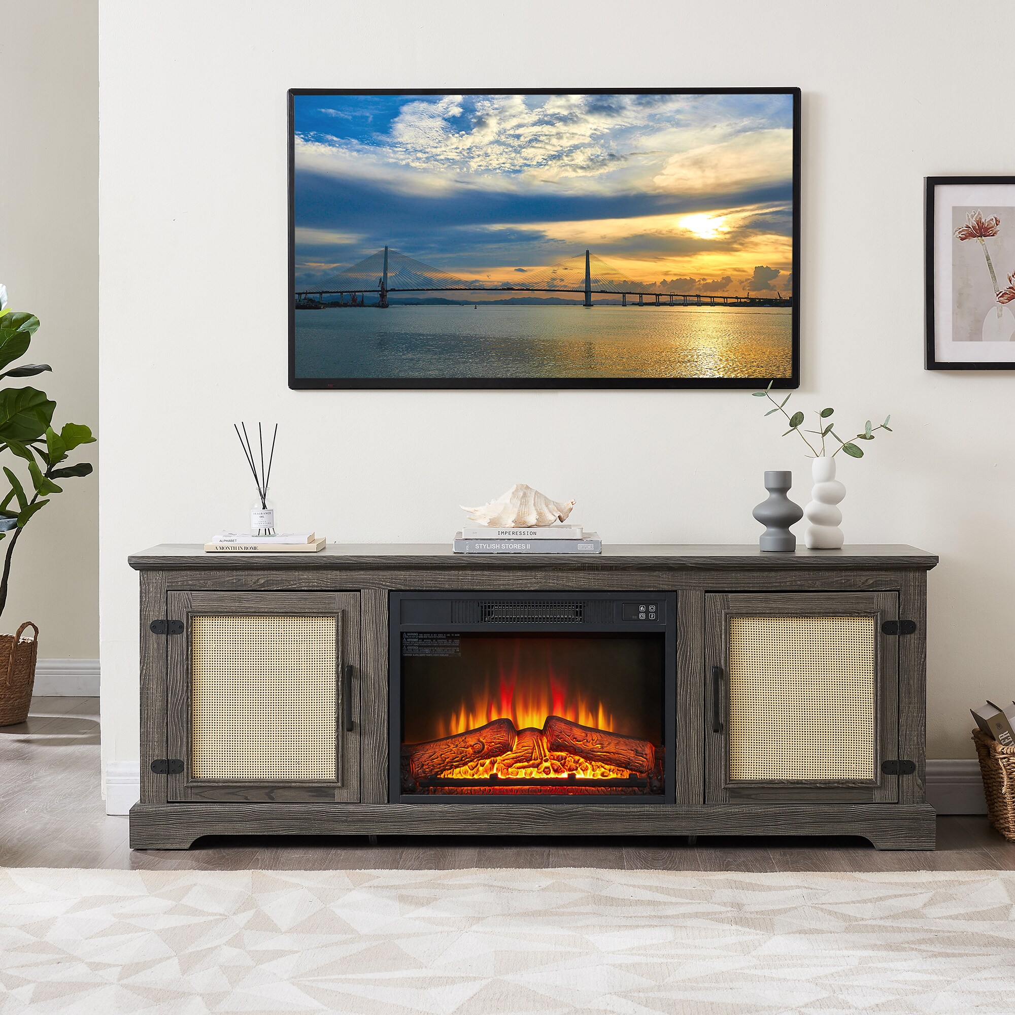 Bybafun 65-in W Gray(Assembly Required) TV Stand with Fan-forced Corner ...