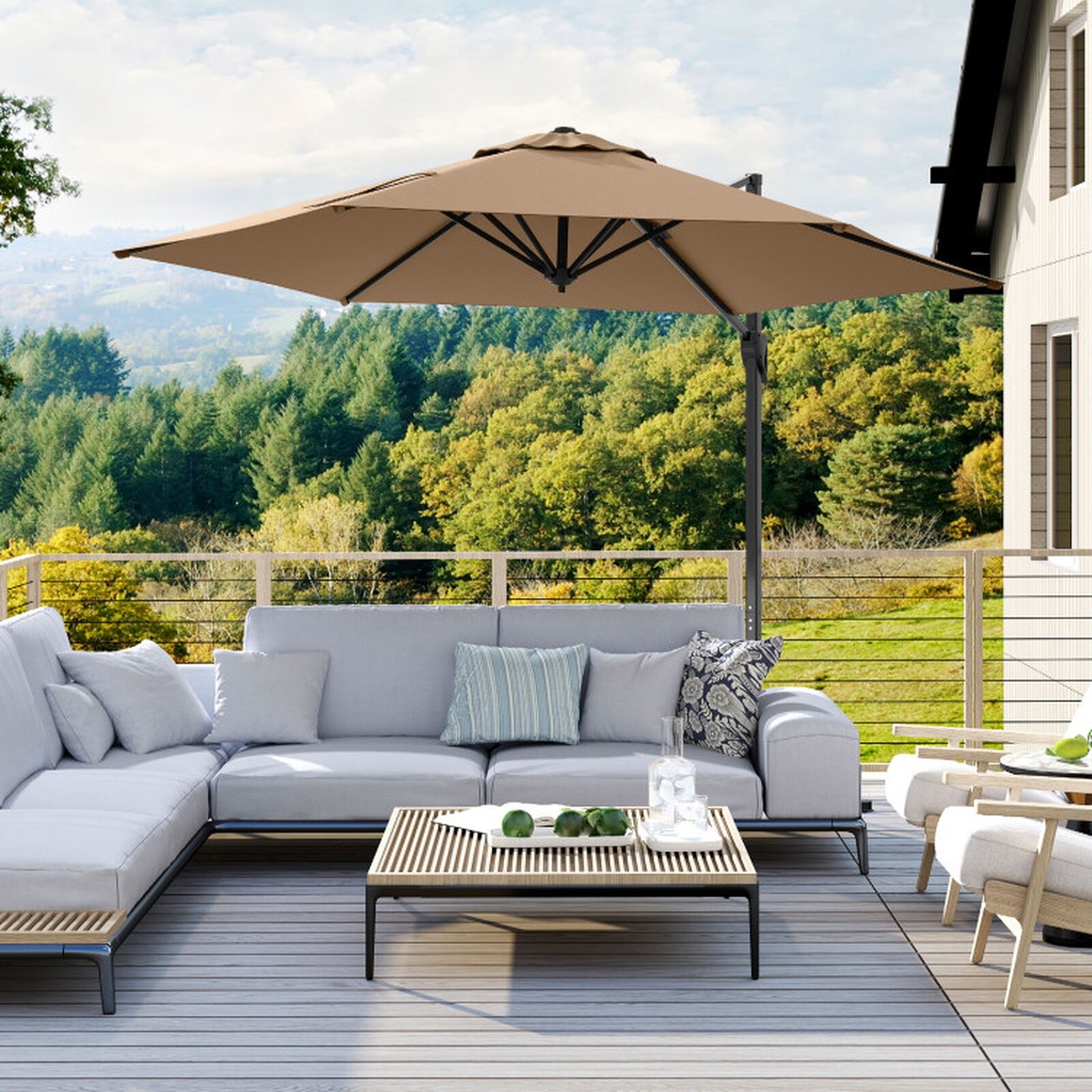 SUGIFT Brown 9-ft Offset Hanging Umbrella Vented Canopy Handle Up Down ...