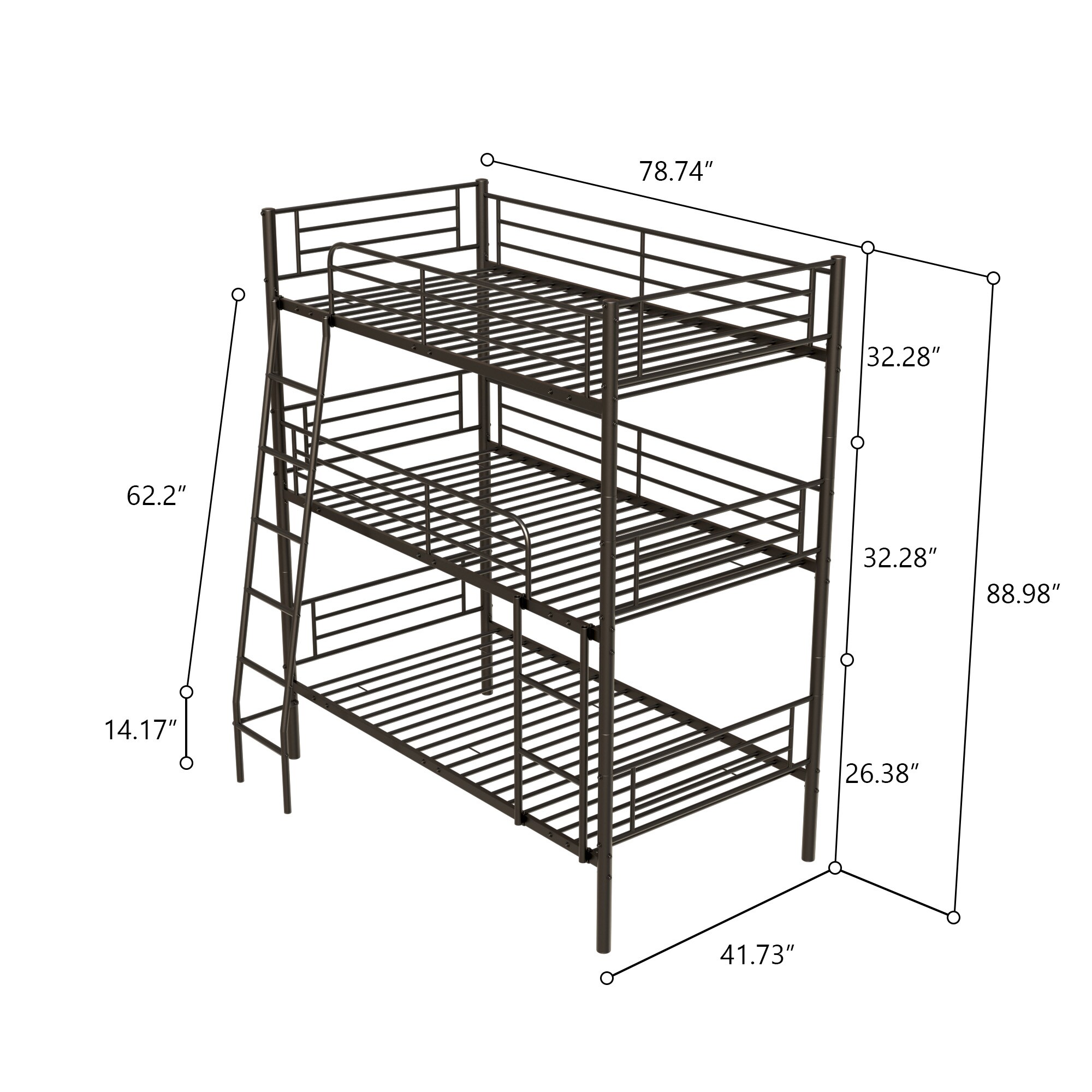 LOVMOR Bedroom dormitory twin size black metal triple bunk bed can be ...