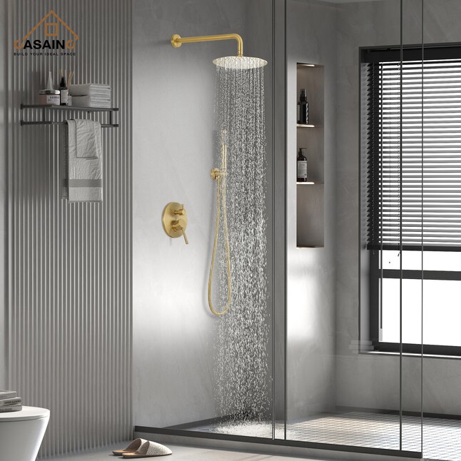 Casainc Wall Mount Shower System Brushed Gold Dual Head Waterfall Built